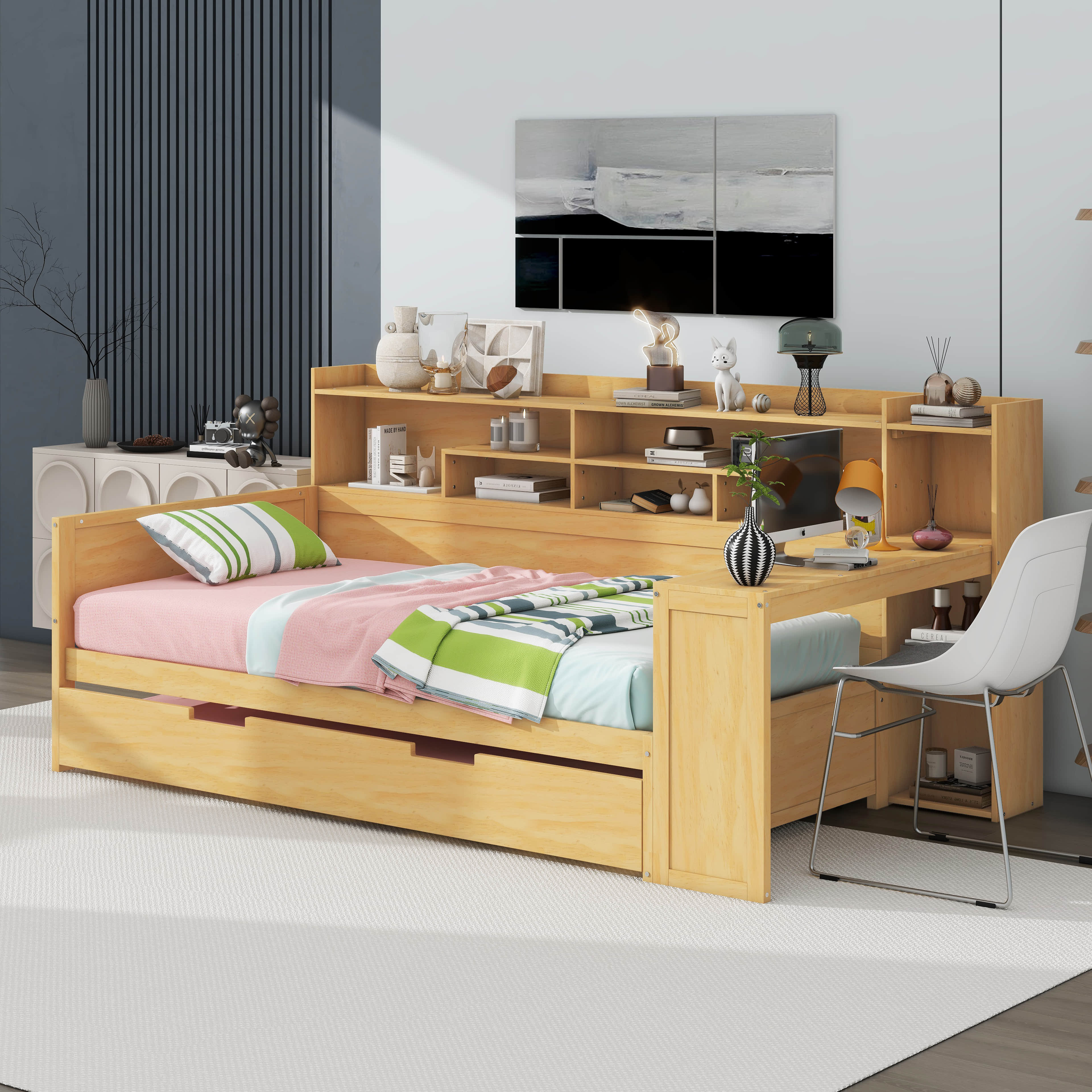 Red Barrel Studio® Wooden Daybed With Trundle Bed And Study Desk | Wayfair