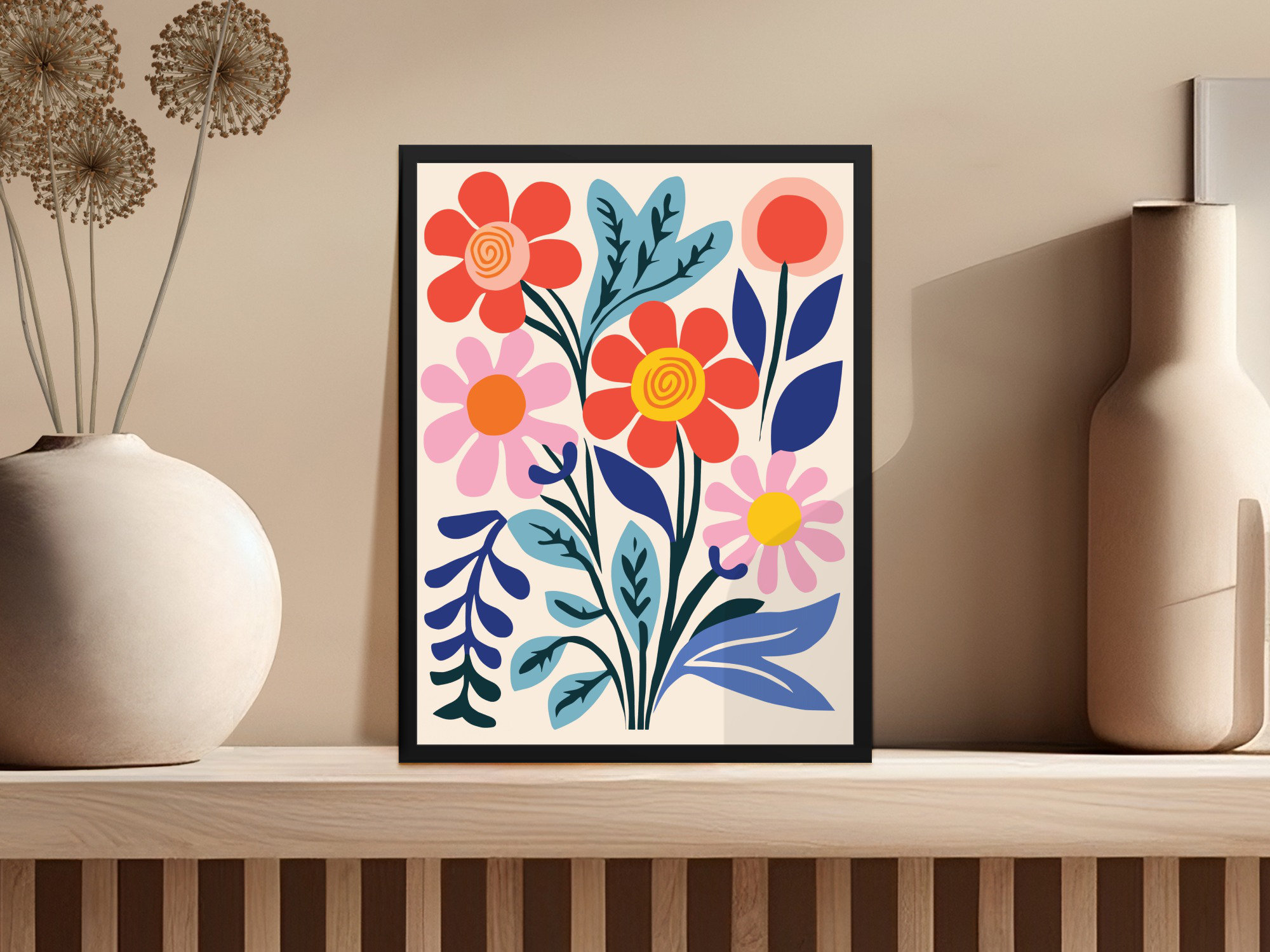 Brayden Studio Vibrant Flowers with Bold Leaves Modern Art Print Poster ...