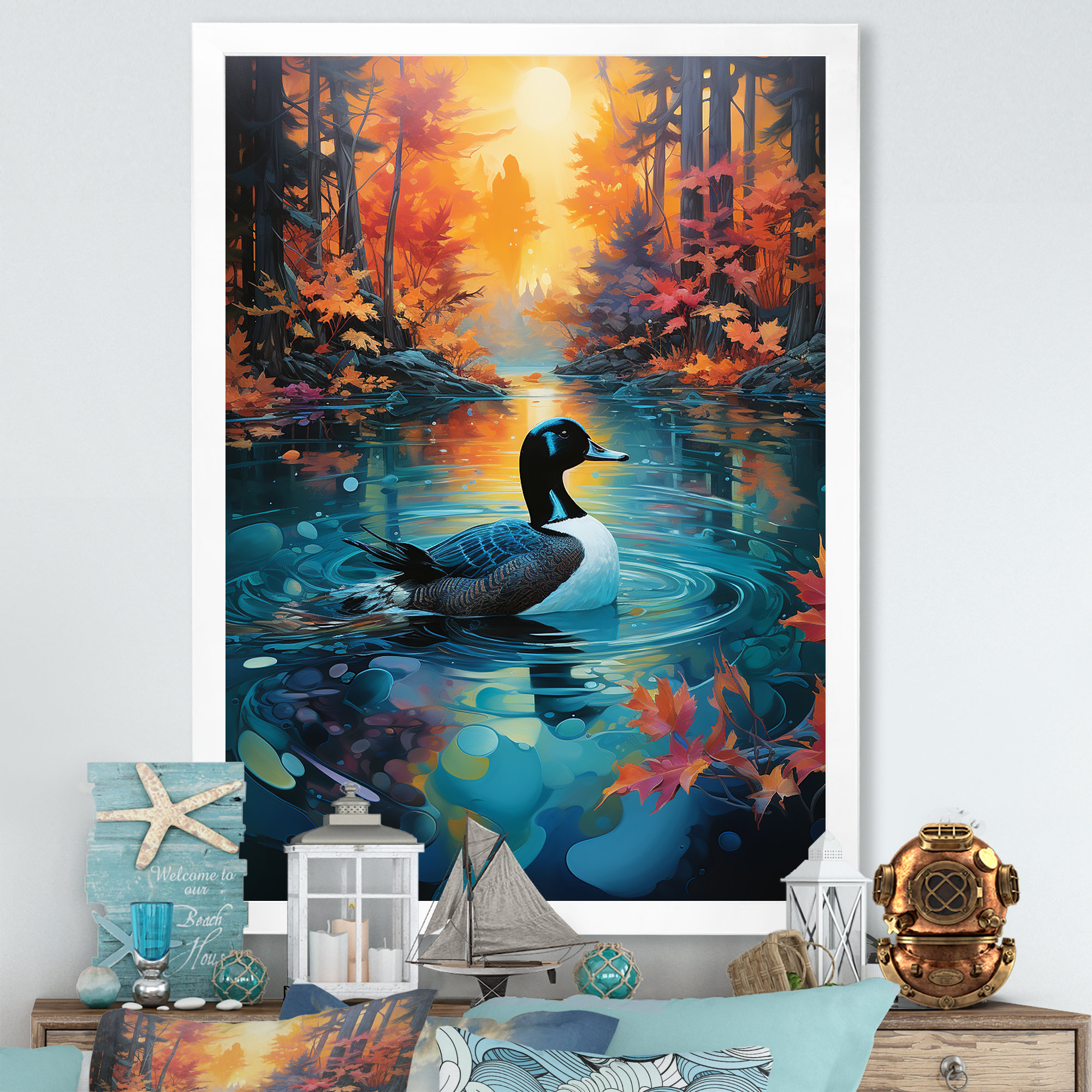 August Grove® Autumn Duck Stream Sunset - Duck Animal Wall Art | Wayfair