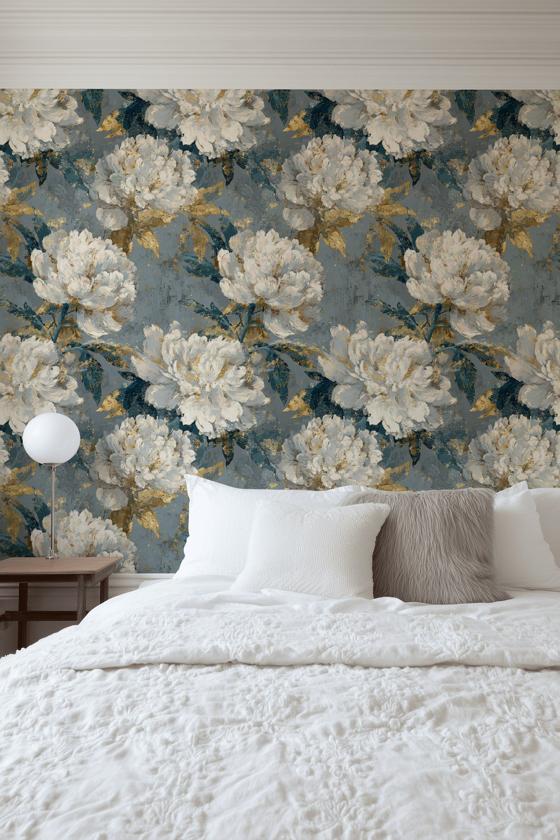 Winston Porter White Peony Peel And Stick Wallpaper Blue Gold Mural ...