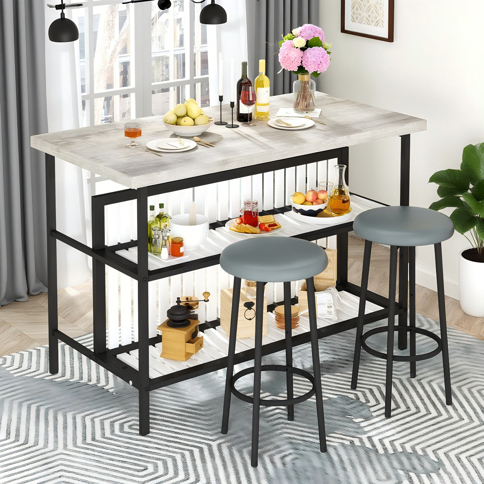 Ebern Designs Kitchen Island With Seating & Storage Shelves, Wood Grain ...