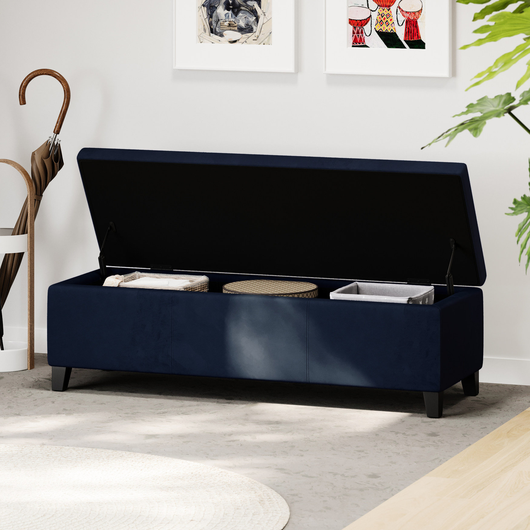 Everly Quinn Dark Blue Velvet Footrest With Functional Storage ...