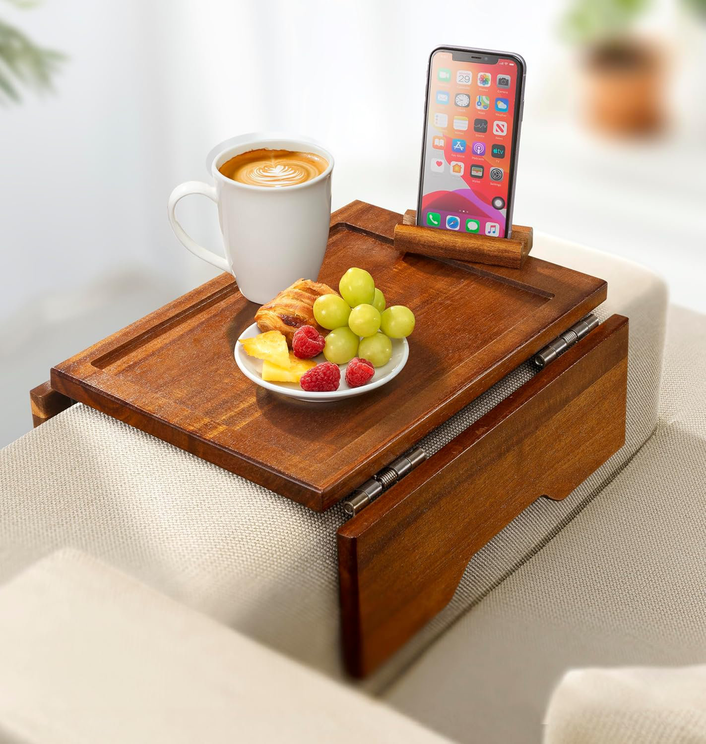 George Oliver Couch Arm Table Tray with Phone & Tablet Holder – Acacia ...