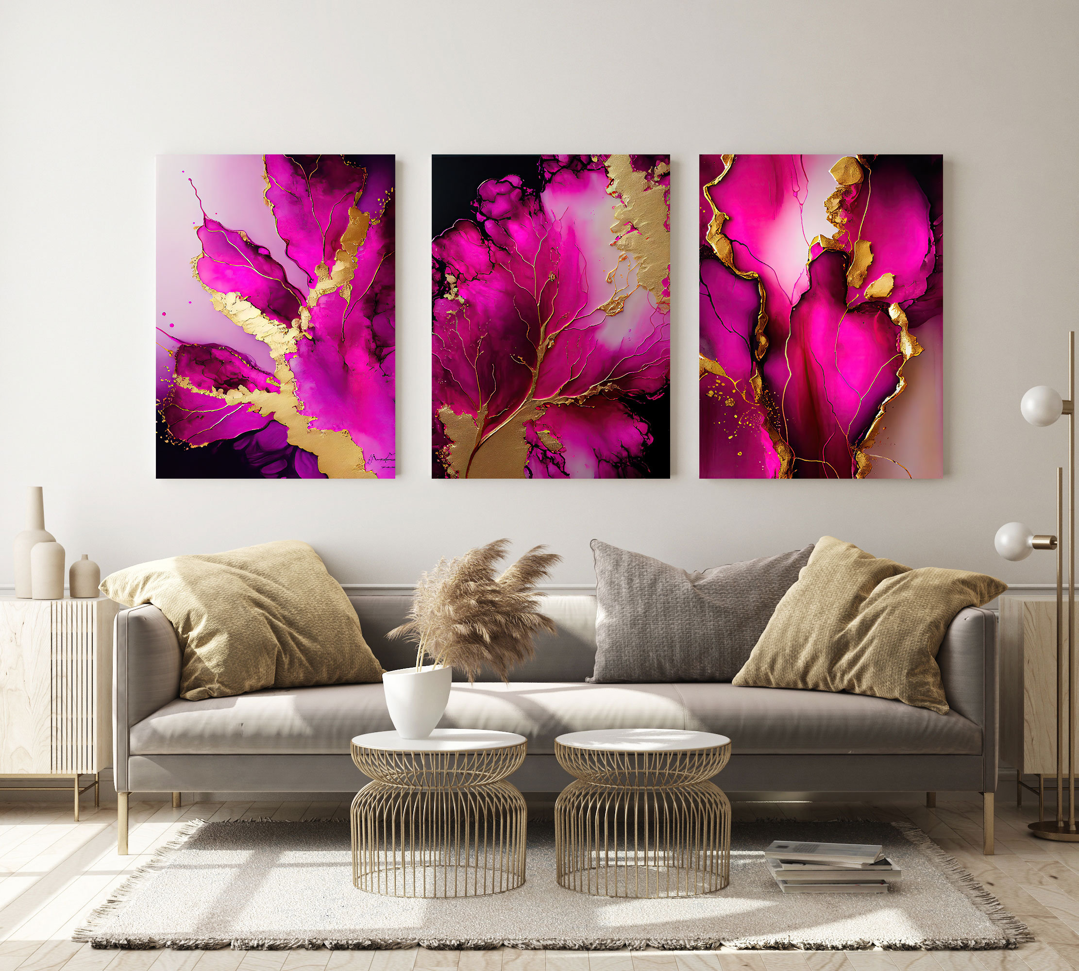 Kira Living Abstract Magenta Acrylic Print Art 3 Piece Set | Wayfair