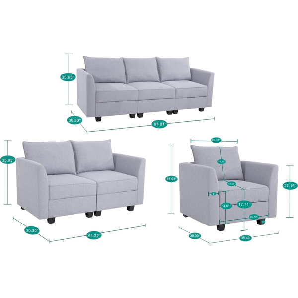 Ebern Designs Lyndzee Modular Sectional Linen 3-Piece Sofa Set with ...