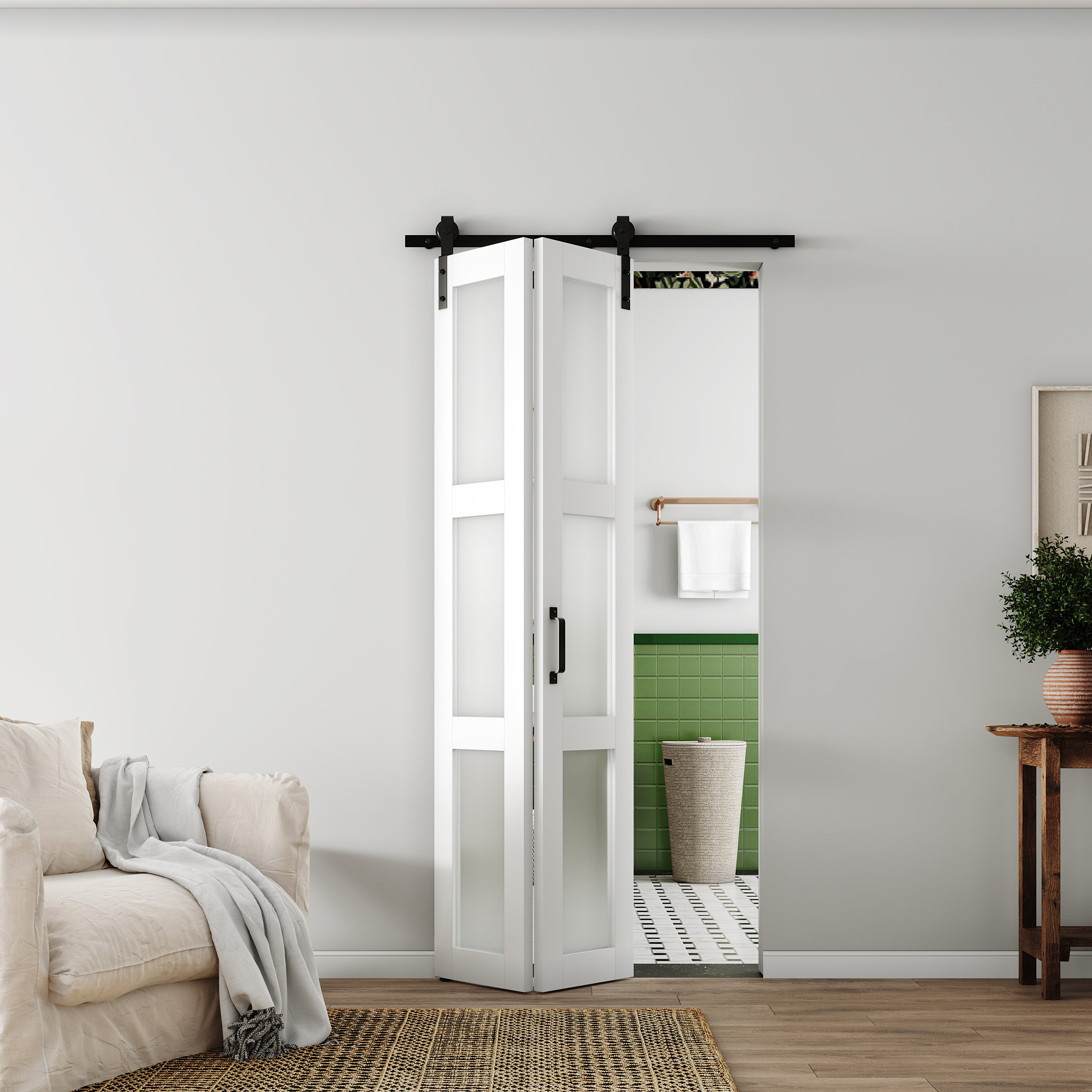 CHIC MODE 3 Lite Frosted Glass Prefinished Bi-Fold Barn Door With ...