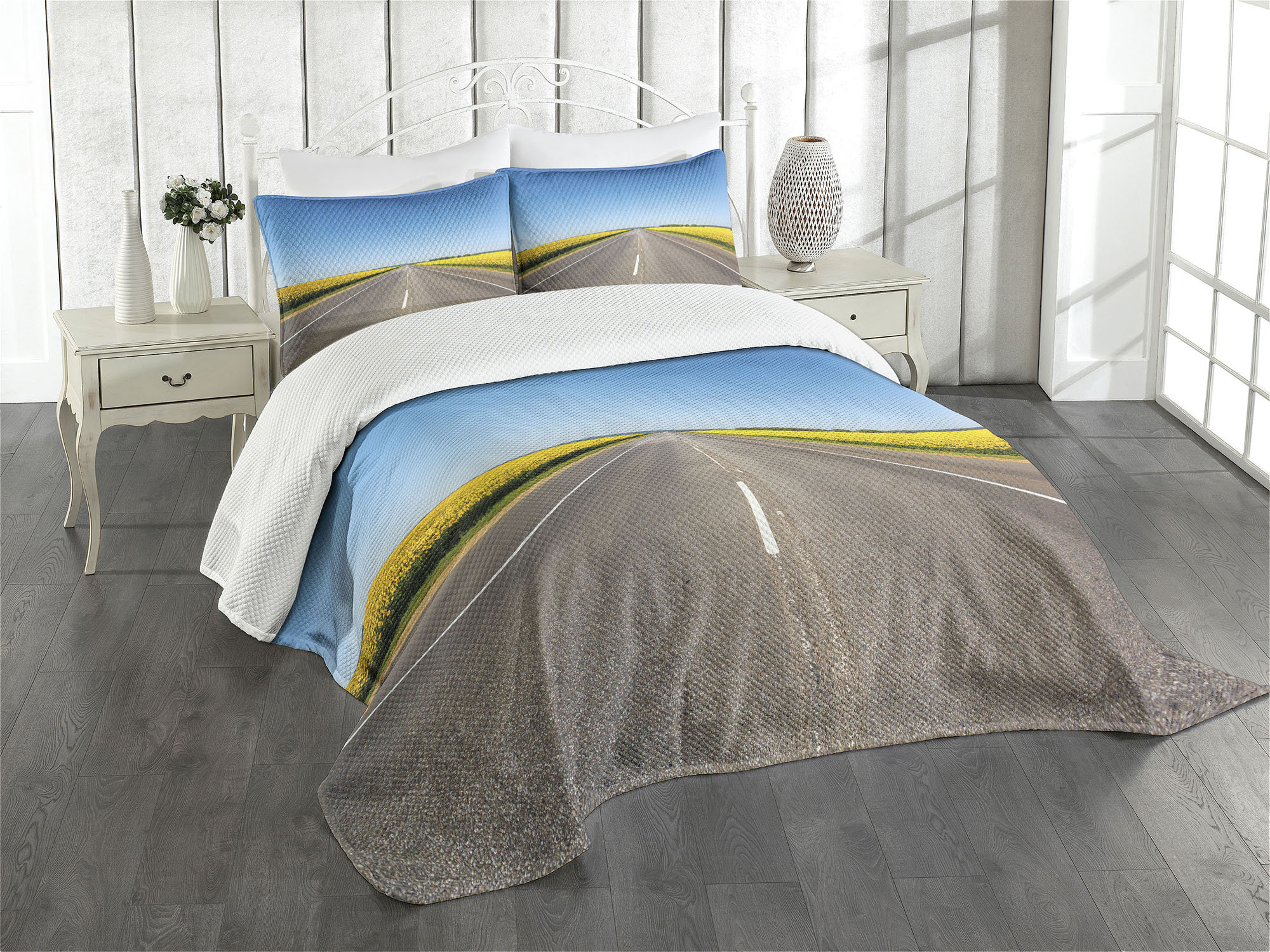 Ambesonne Yellow and Blue Bedspread Set 3 Pcs Sunflowers Road King Grey ...