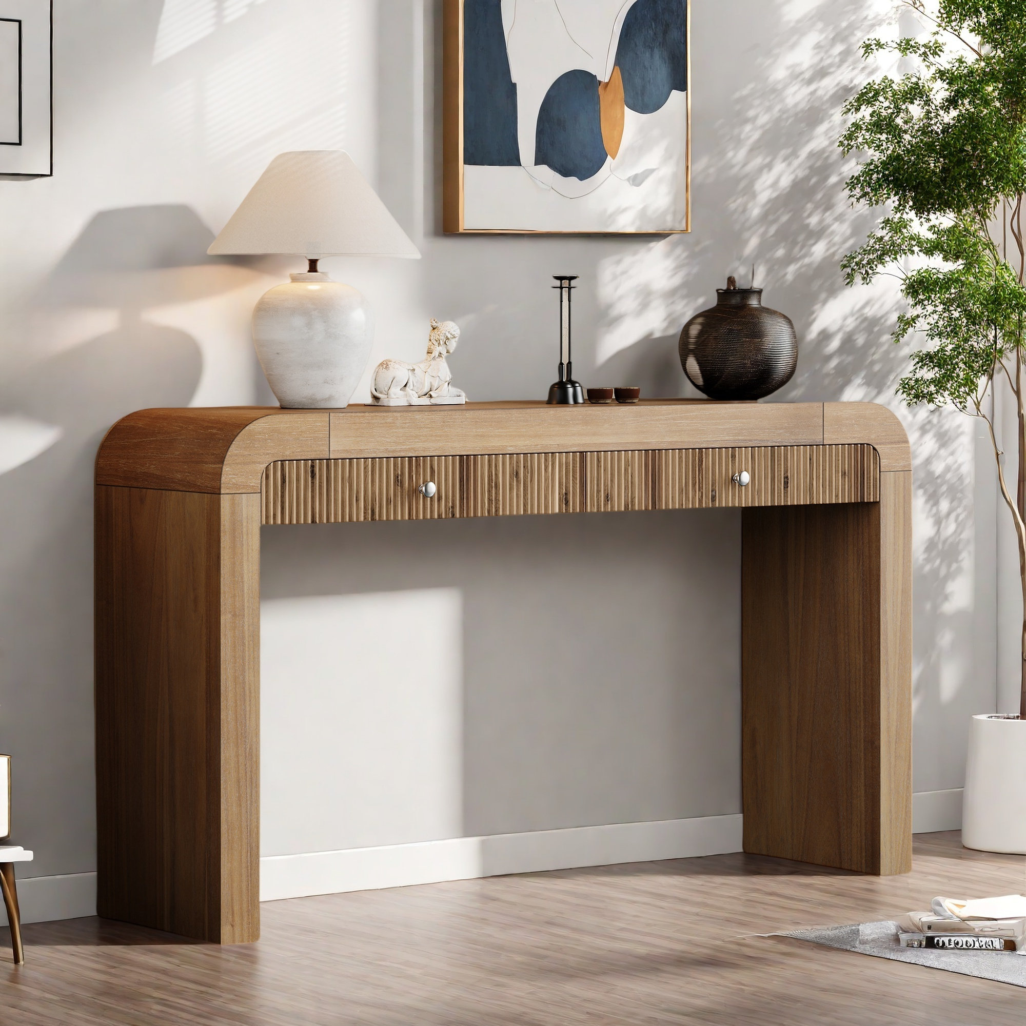 Gracie Oaks Rustic Console Table With Fluted Front Design, 2 Drawers ...