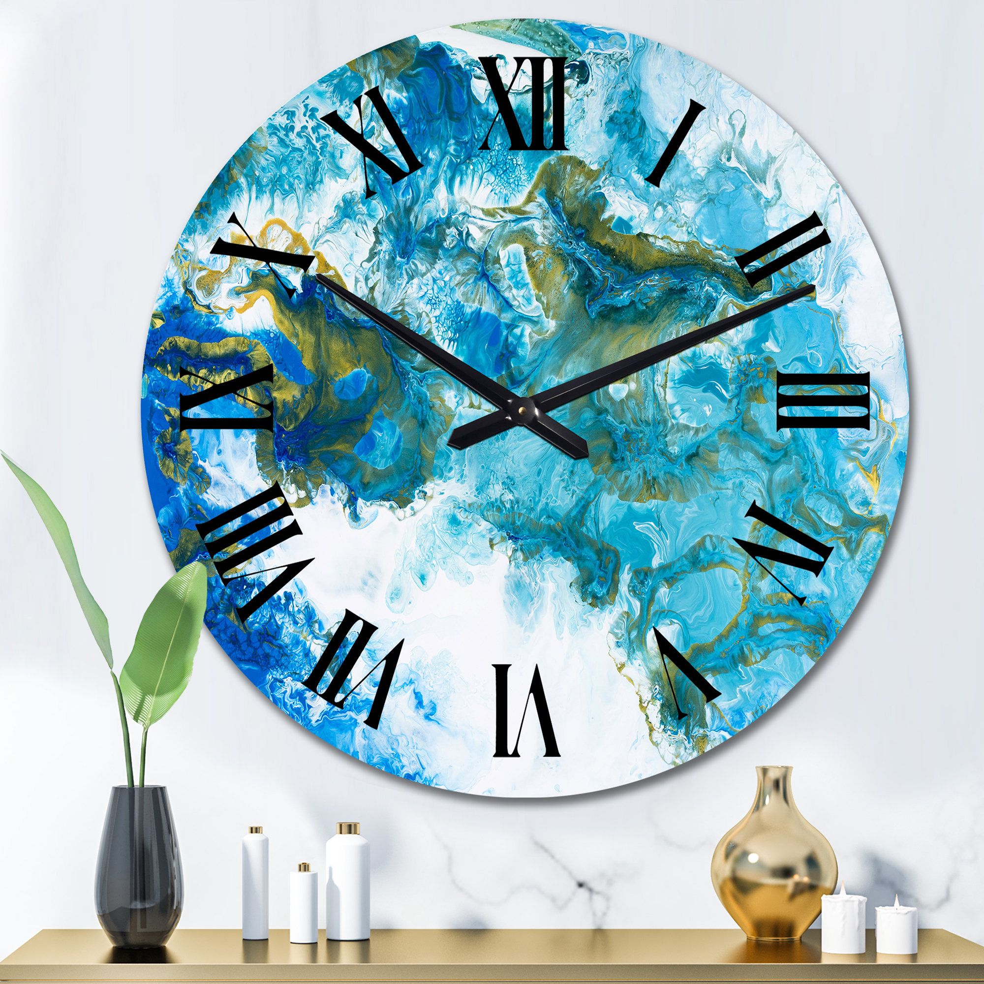 East Urban Home Blue and White Liquid Art Waves Vi - Modern Wall Clock ...