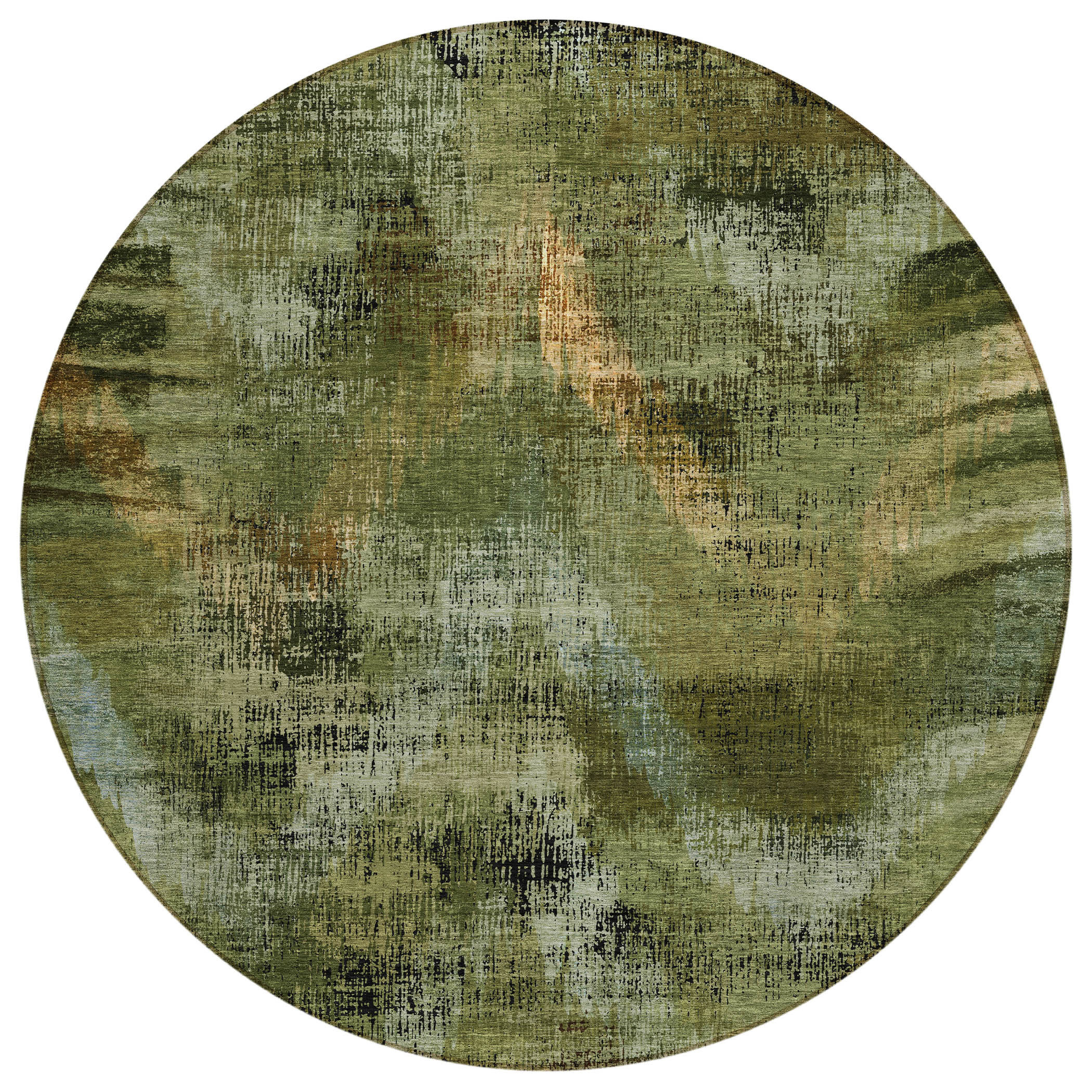 HomeRoots 8' Olive Green And Gold Round Abstract Washable Indoor ...