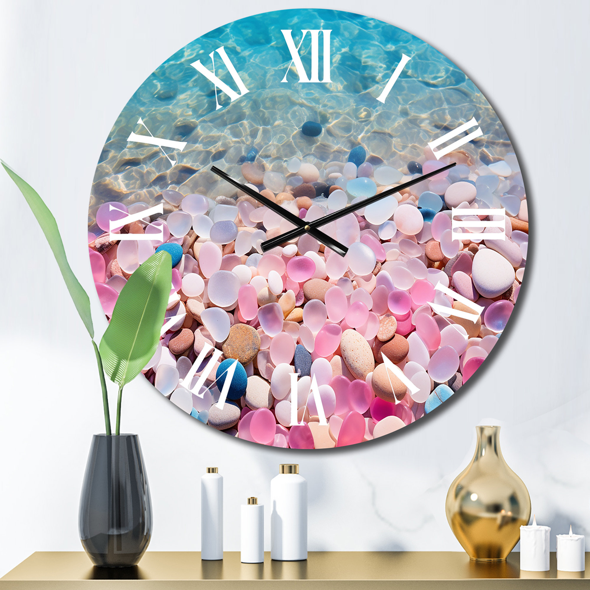 Design Art Pink Pebbels On Blue Azure Beach Metal Wall Clock | Wayfair