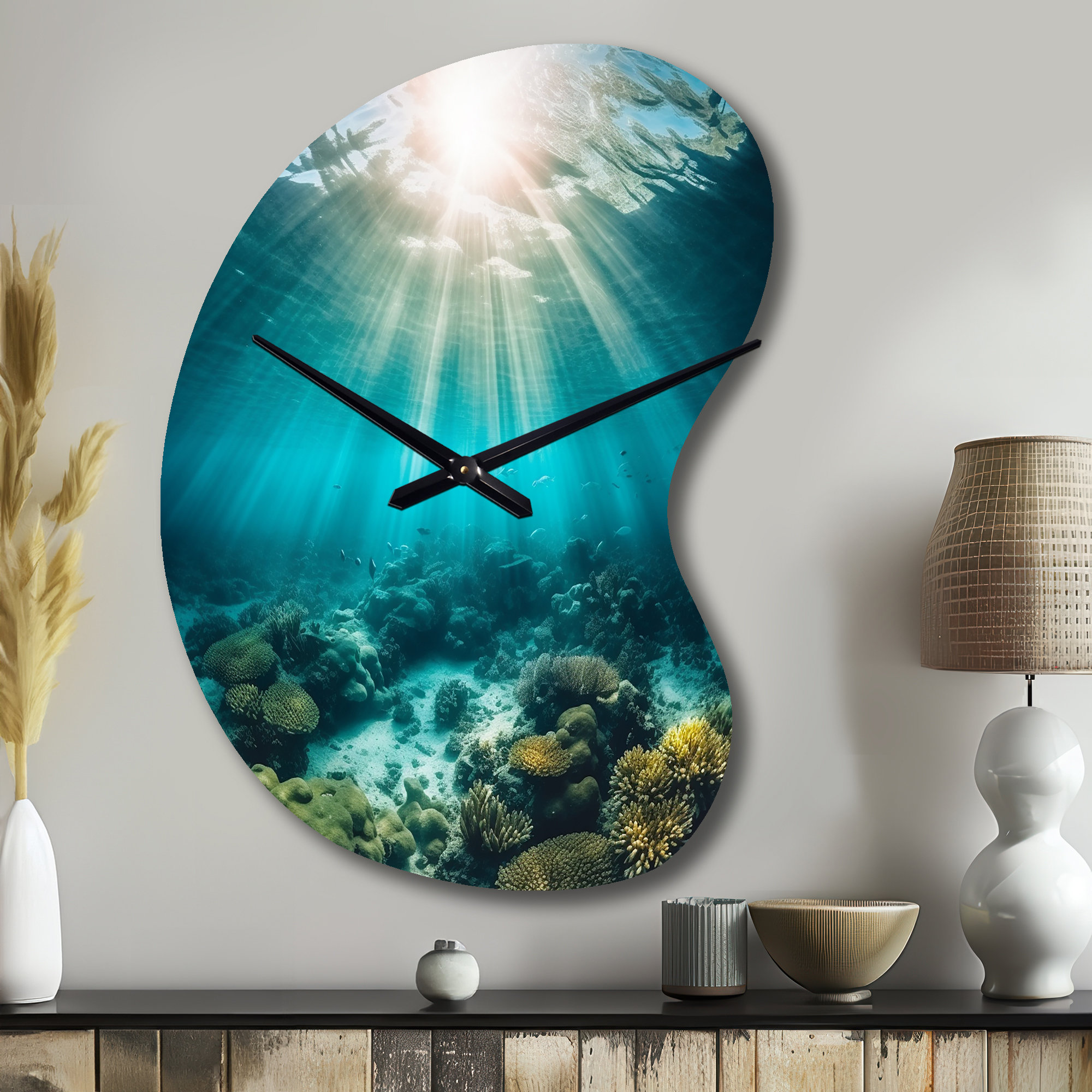 Design Art Underwater Coral IV - Boom Shape Turquoise Wall Clock ...
