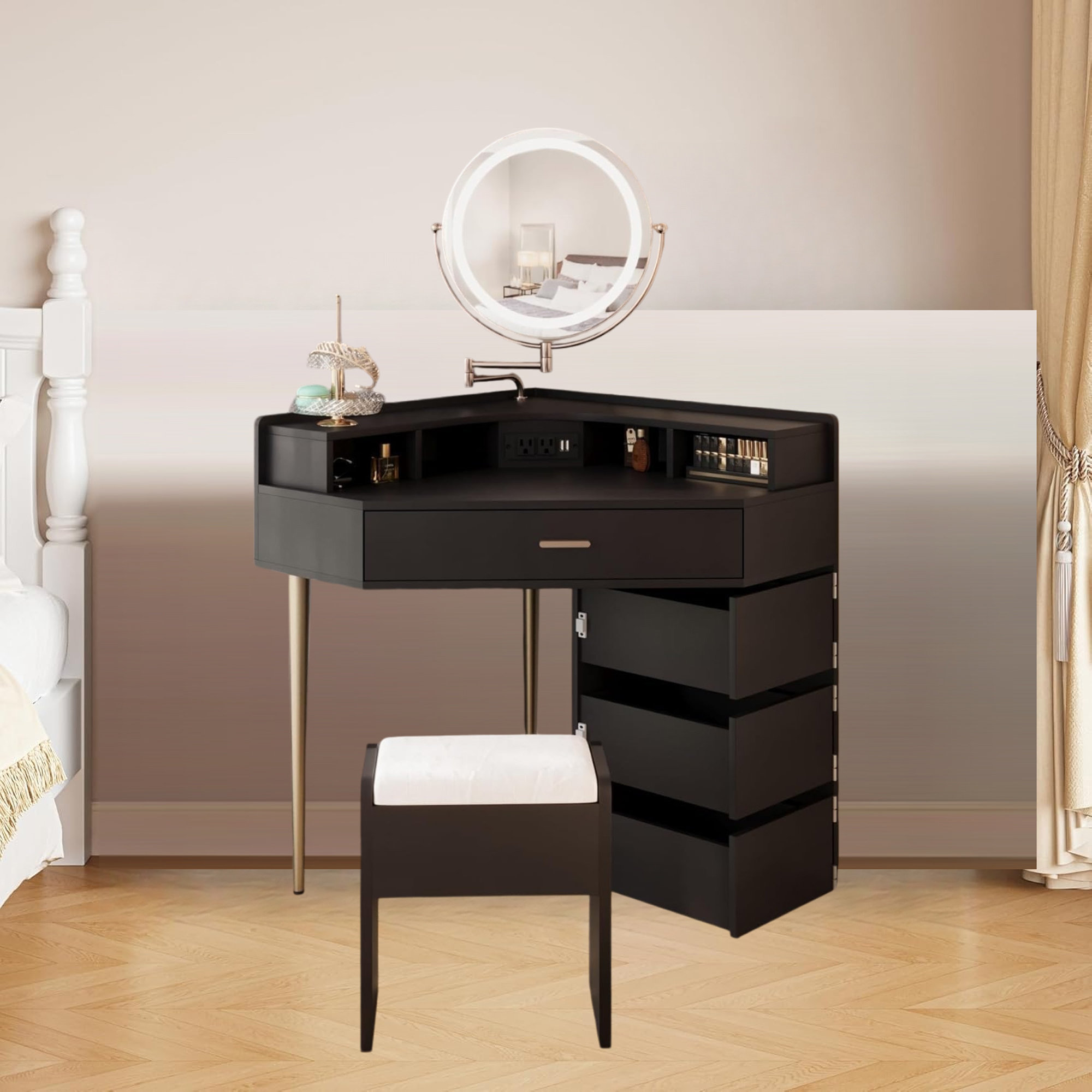 Everly Quinn Corner Vanity Desk With Extendable Mirror & Lights ...