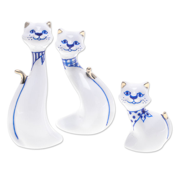 Red Barrel Studio® Handmade Cat Family Gilded Porcelain Statuettes ...