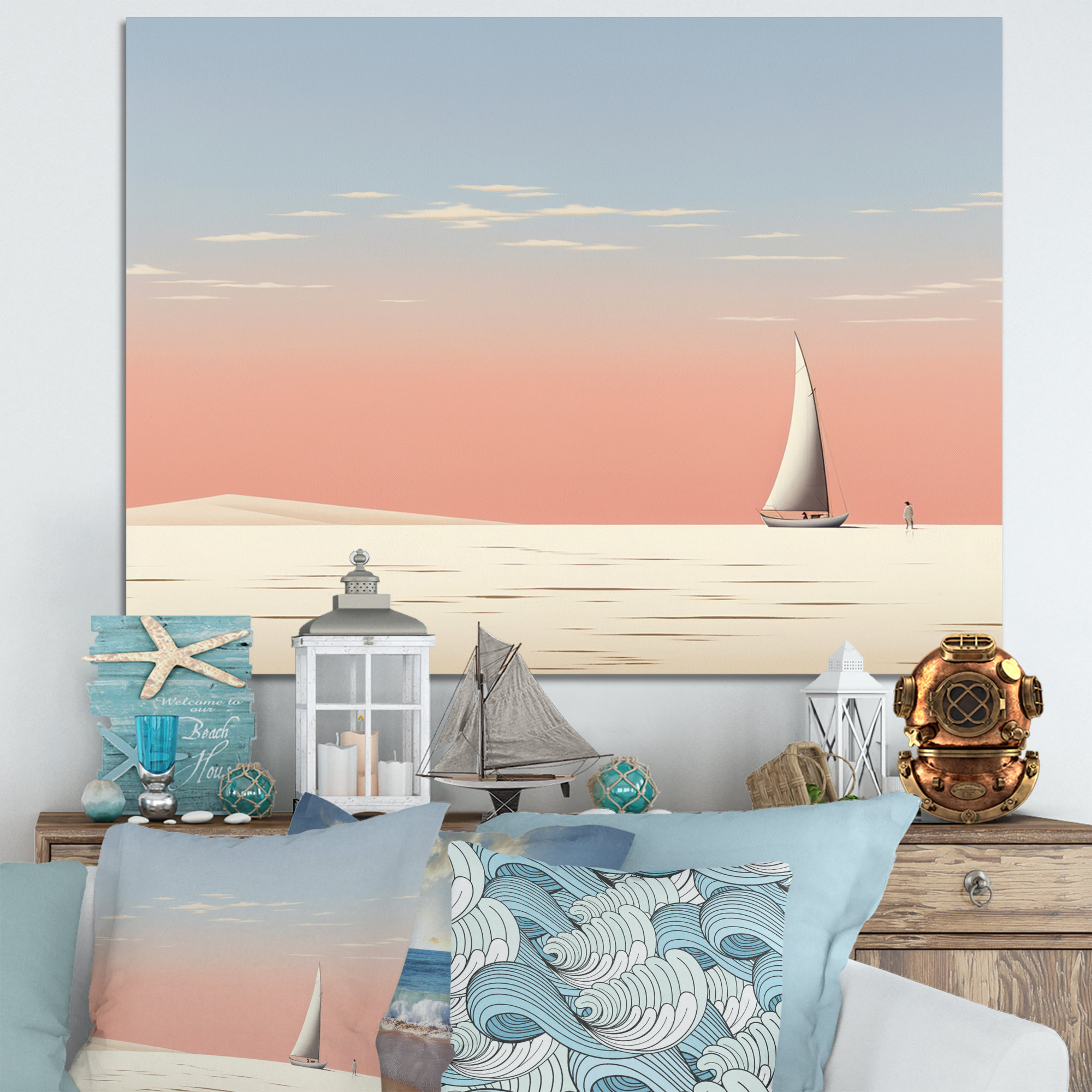 Design Art White Sailboat Sailing Into Pink Sunset On Canvas Print ...