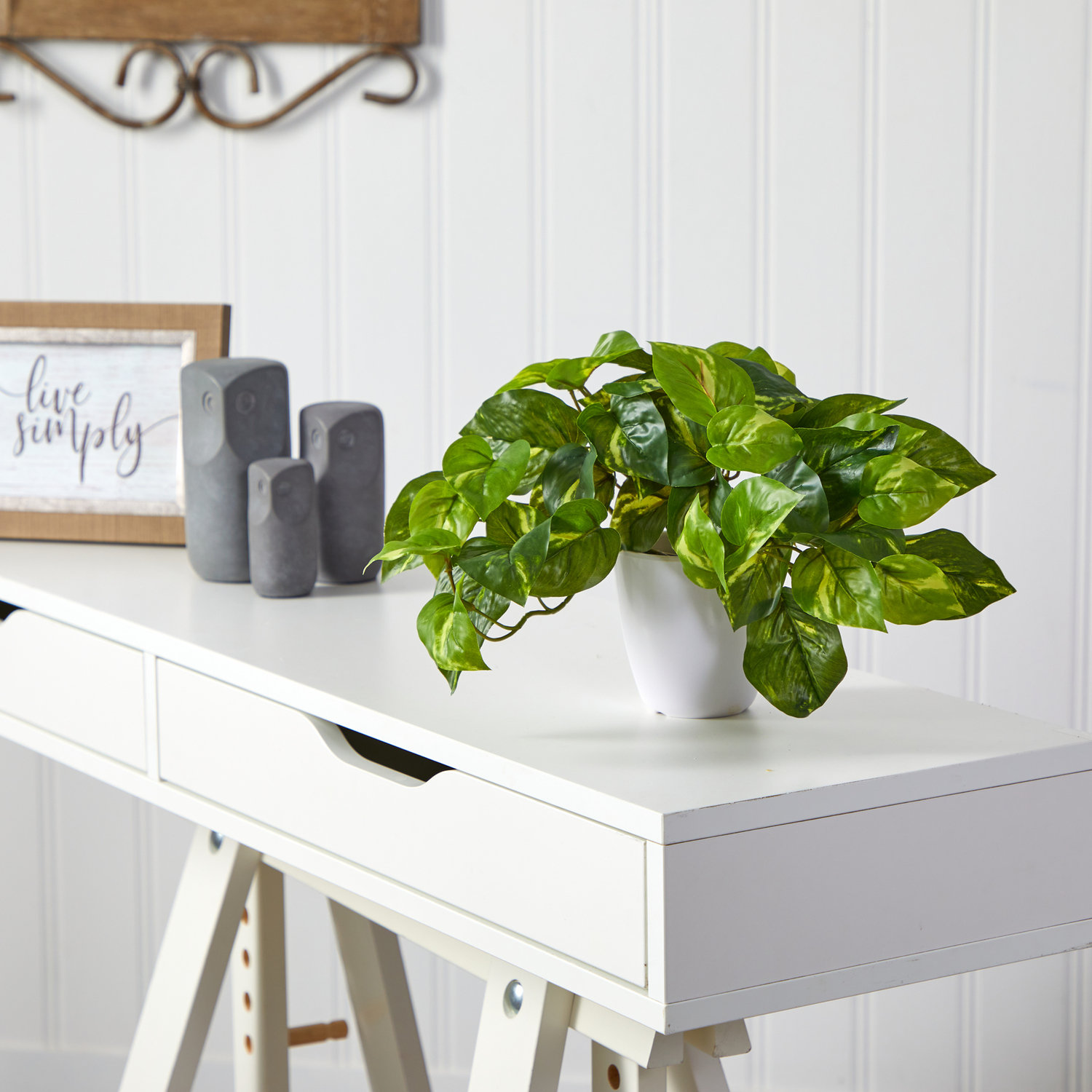 Primrue 9in. Pothos Artificial Plant in White Planter (Real Touch ...