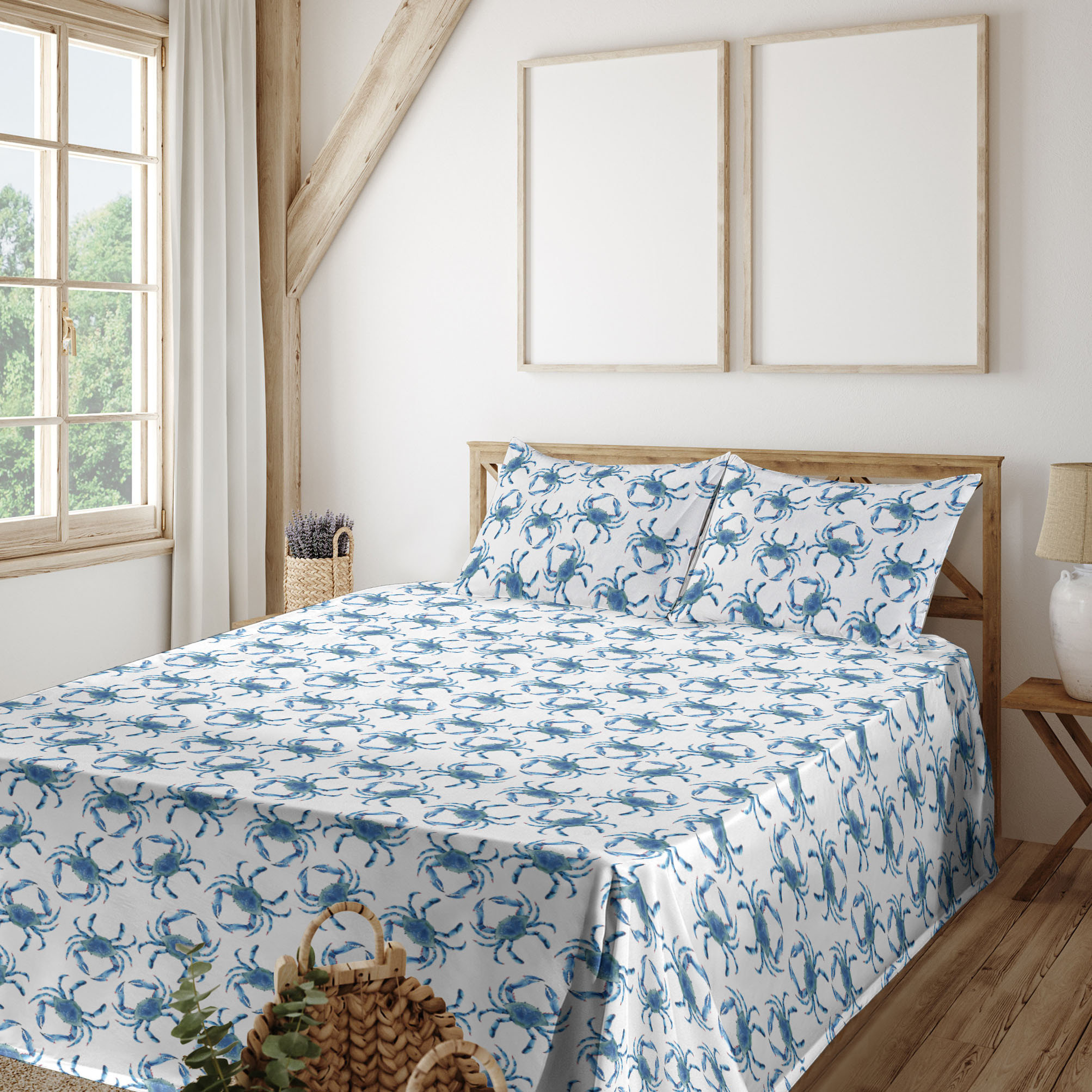 Ambesonne Coastal Sheet Set Crab Illustration Seashore Soft Blue Sea ...