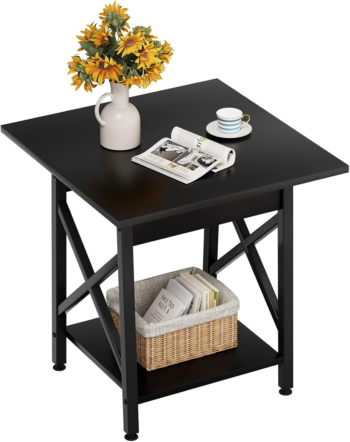 Gracie Oaks Square Side Tables with X-Frame,with 2-Tier Storage | Wayfair