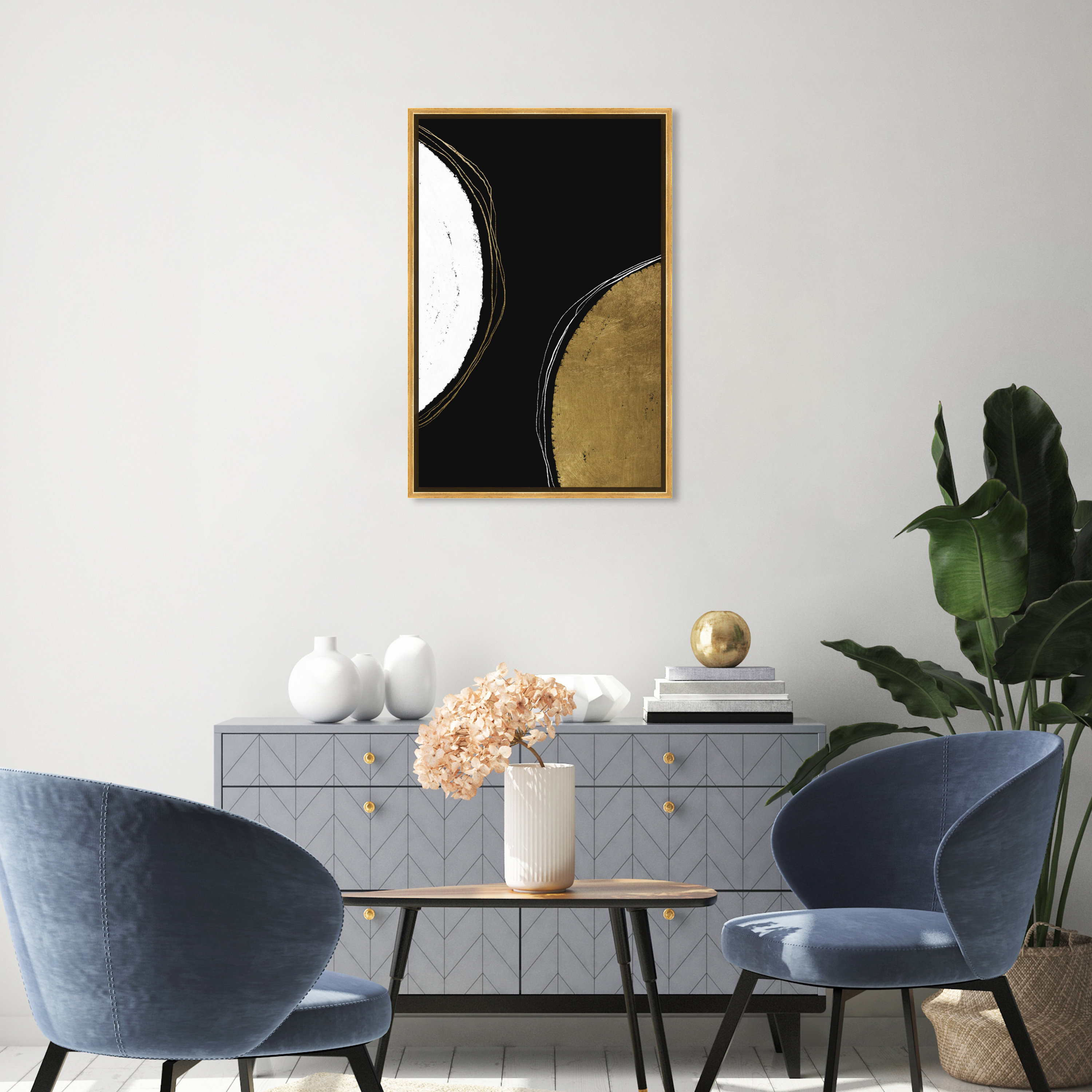 Oliver Gal Two Moons In Gold, Large Circle Moons Modern Black Canvas ...