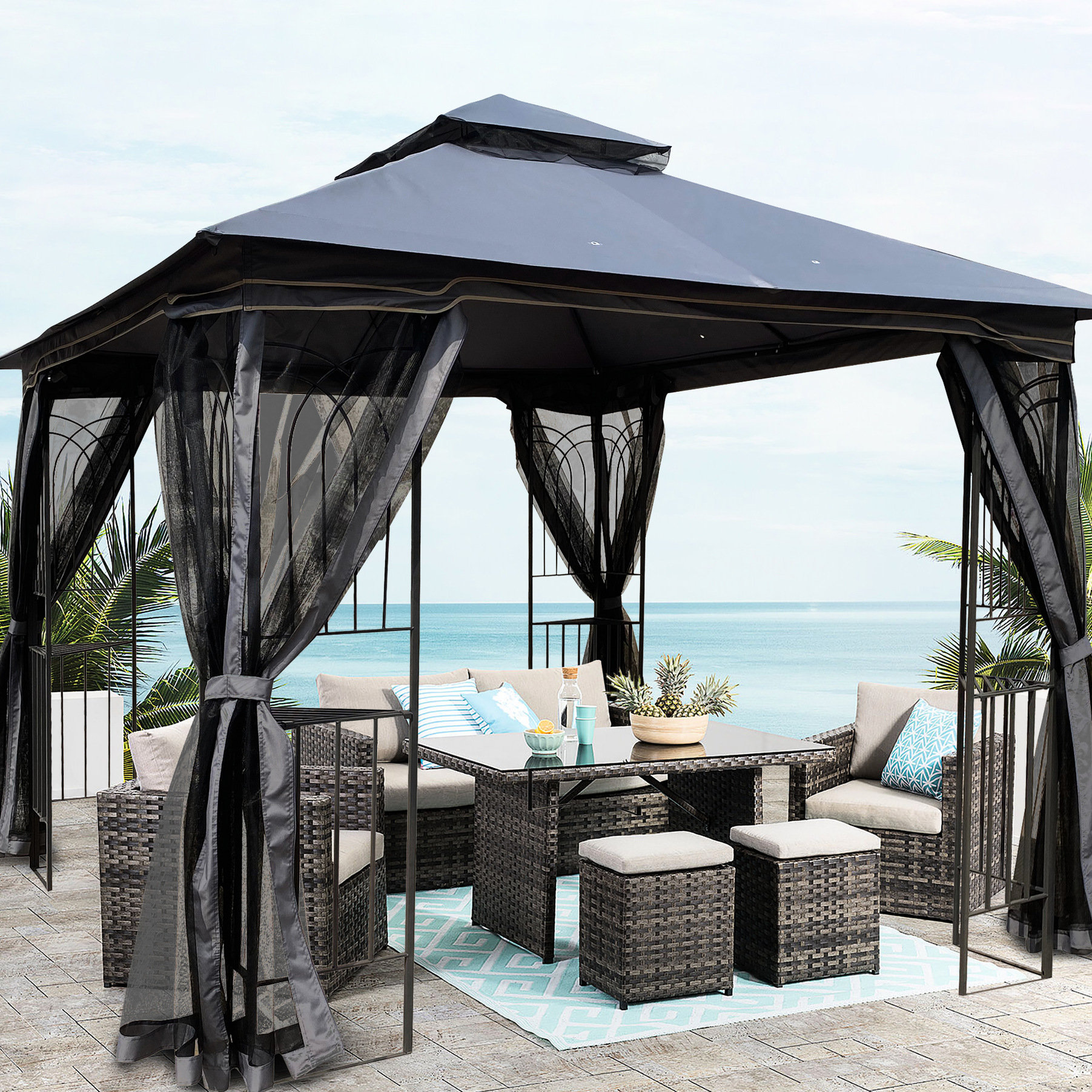 Latitude Run® Spacious 10X10 Gazebo With Double-Tiered Roof And Netting ...
