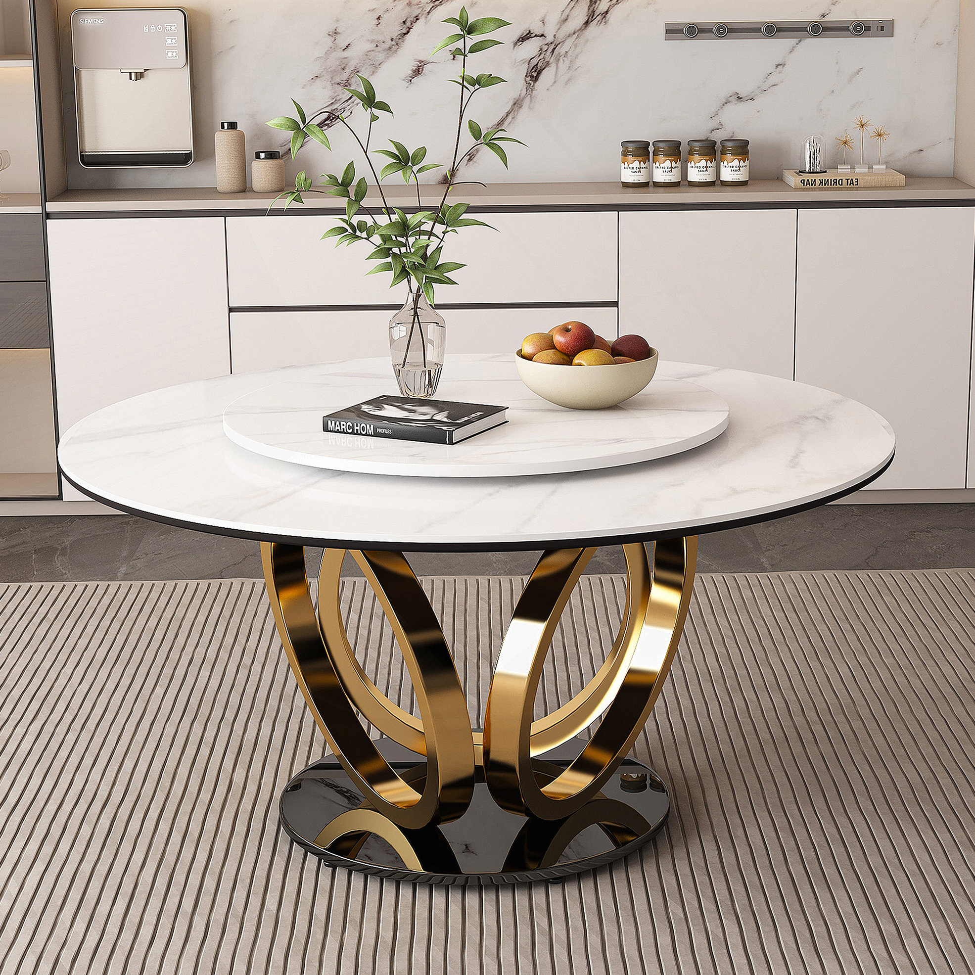 Mercer41 53" Round Dining Table With 360° Smooth Lazy Susan - Stain ...