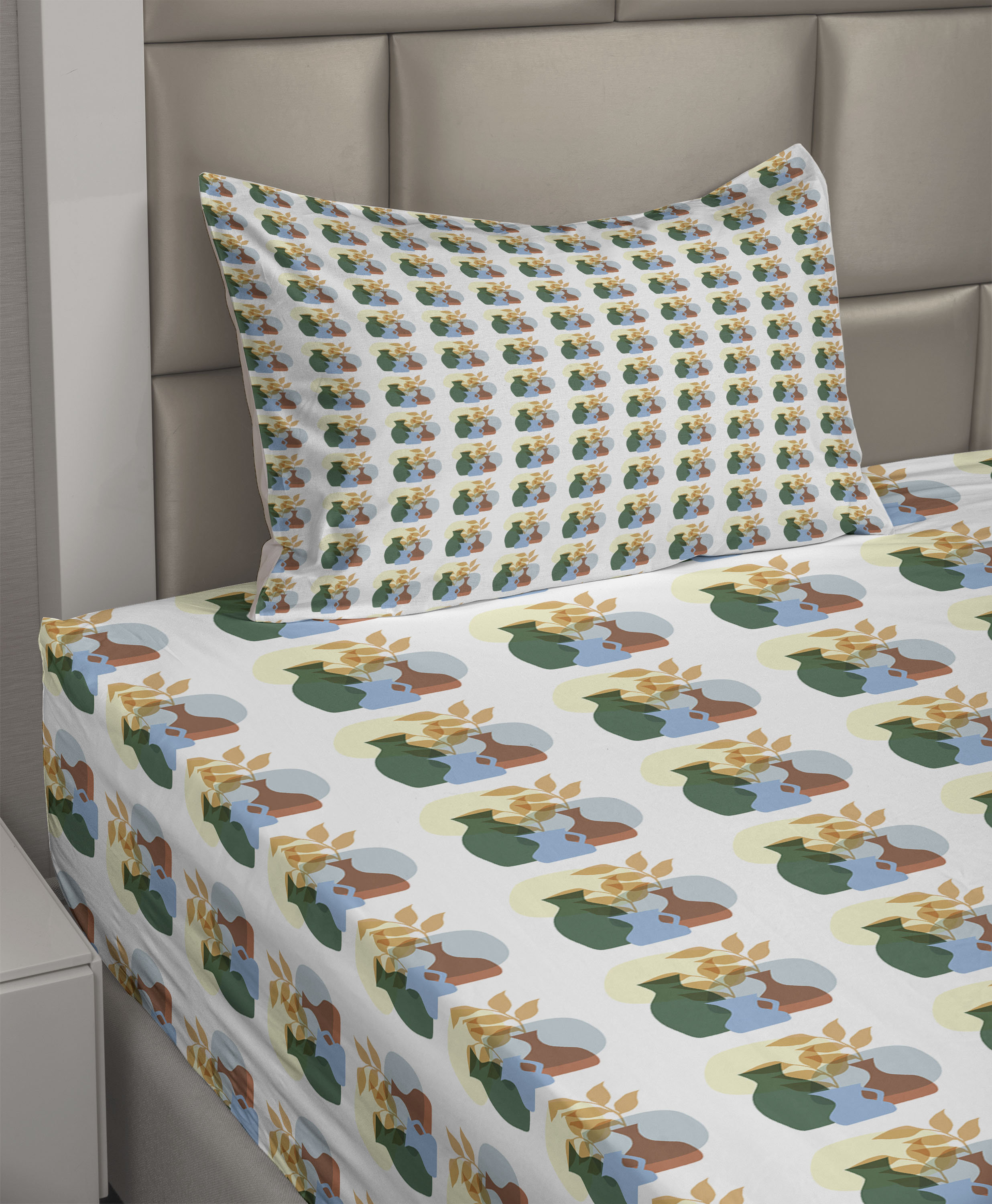 Ambesonne Tropical Sheet Set Palm Leaves Pastel Shapes Olive Green Pale ...