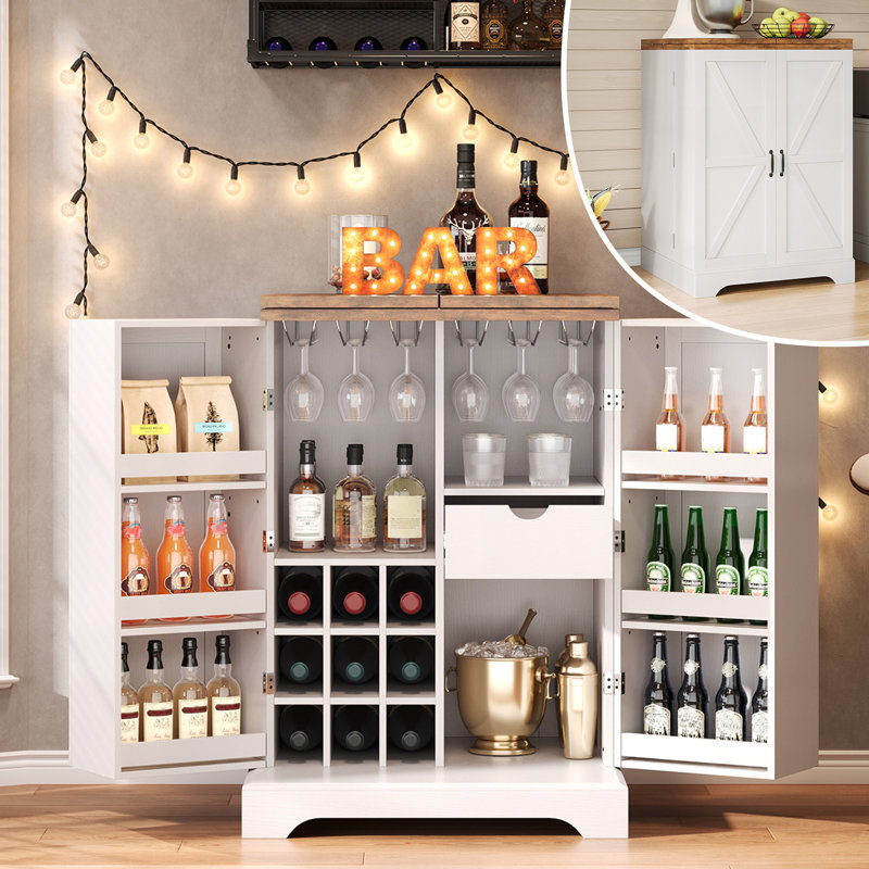 August Grove® Farmhouse Expandable Wine Bar Cabinet, 61" Home Bar Unit ...