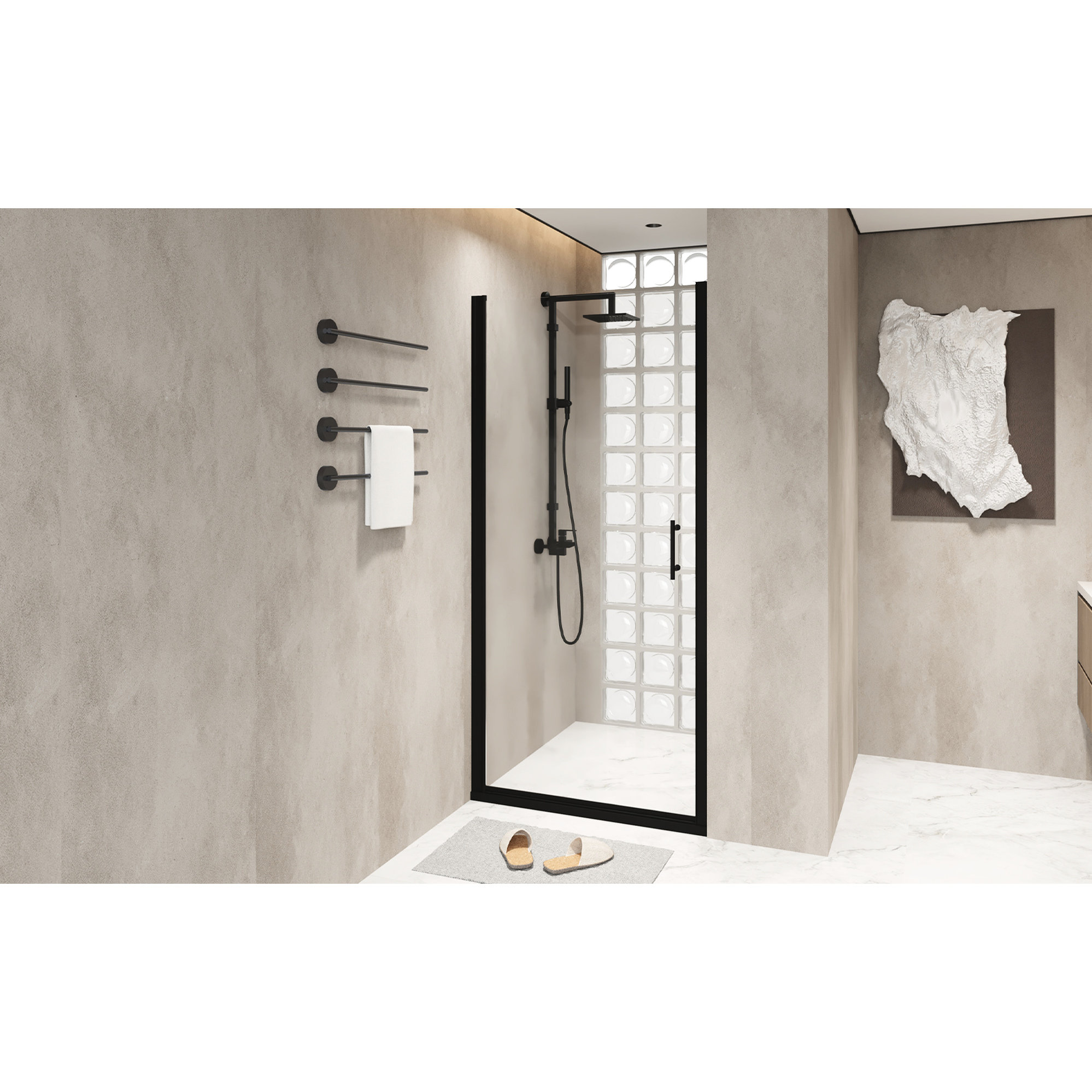 fengshu 34x72 In Pivot Shower Door With Matte Black Aluminum Frame ...