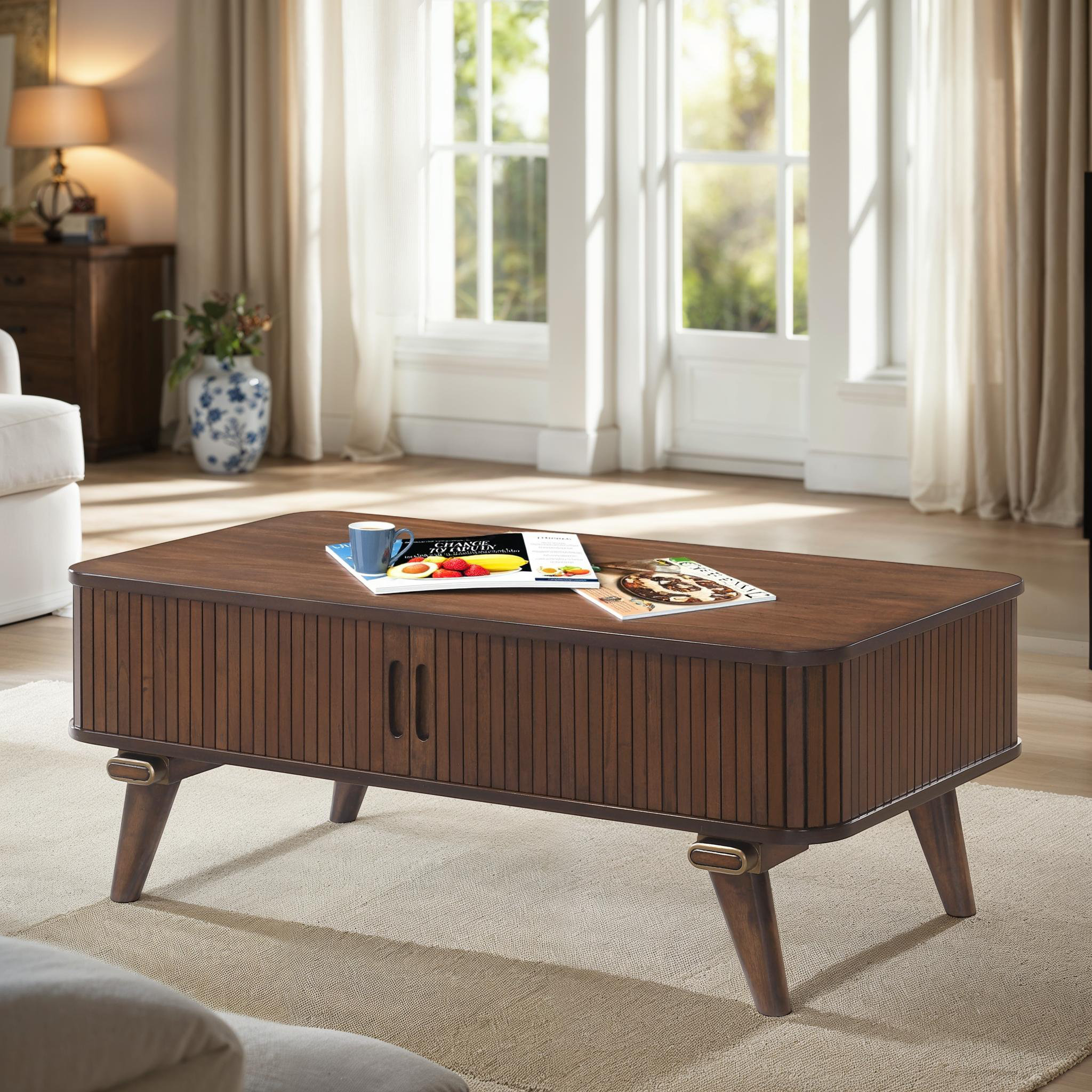 UBIBLA 48" Storage Coffee Table Walnut Finish with 2 Tambour Doors ...