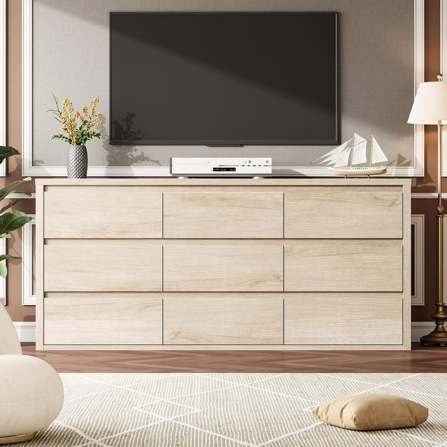 Ebern Designs 9-Drawer Dresser, Solid Wood Construction, Modern Wide ...