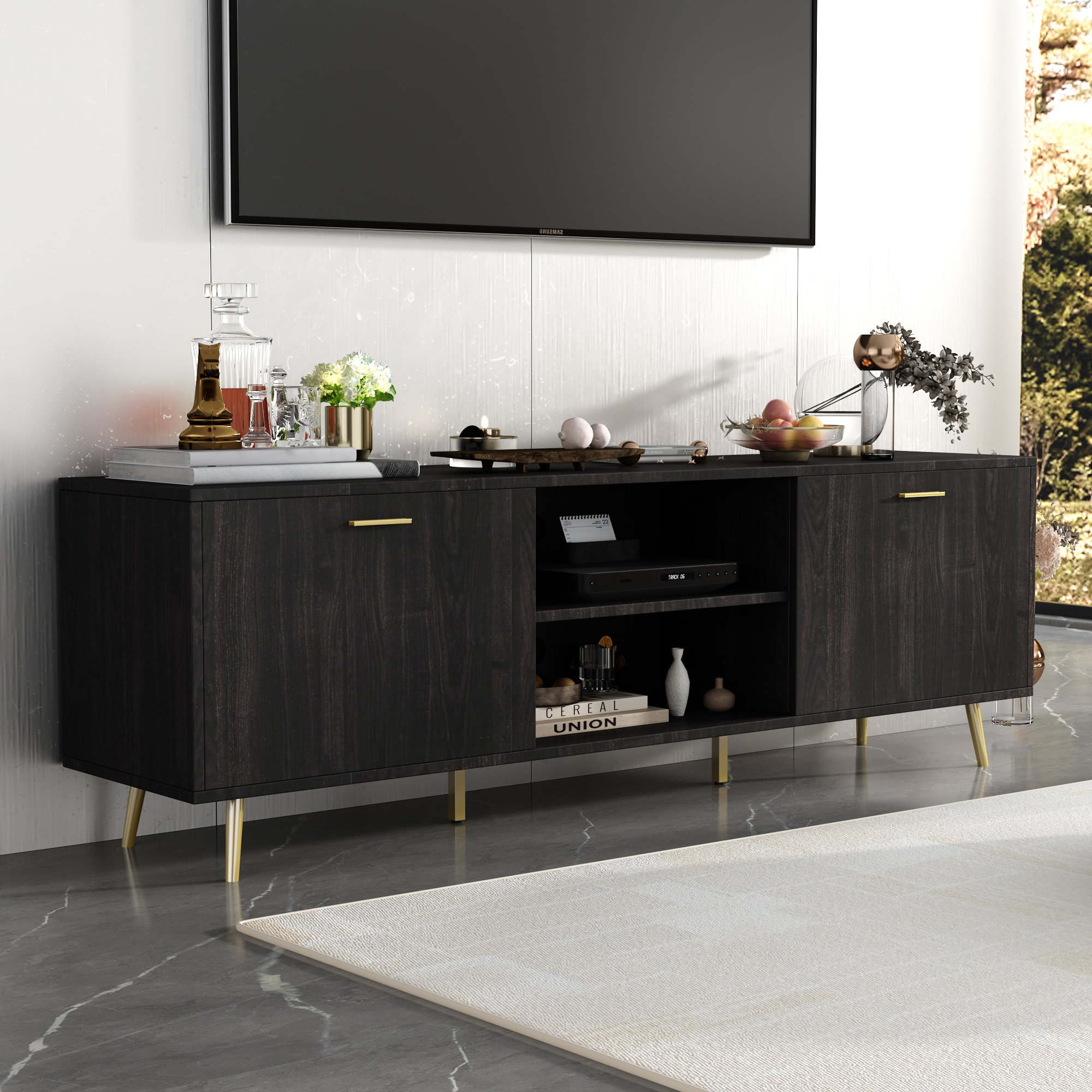 Mercer41 Modern TV Stand Cabinet With Gold Handles, 69-Inch ...