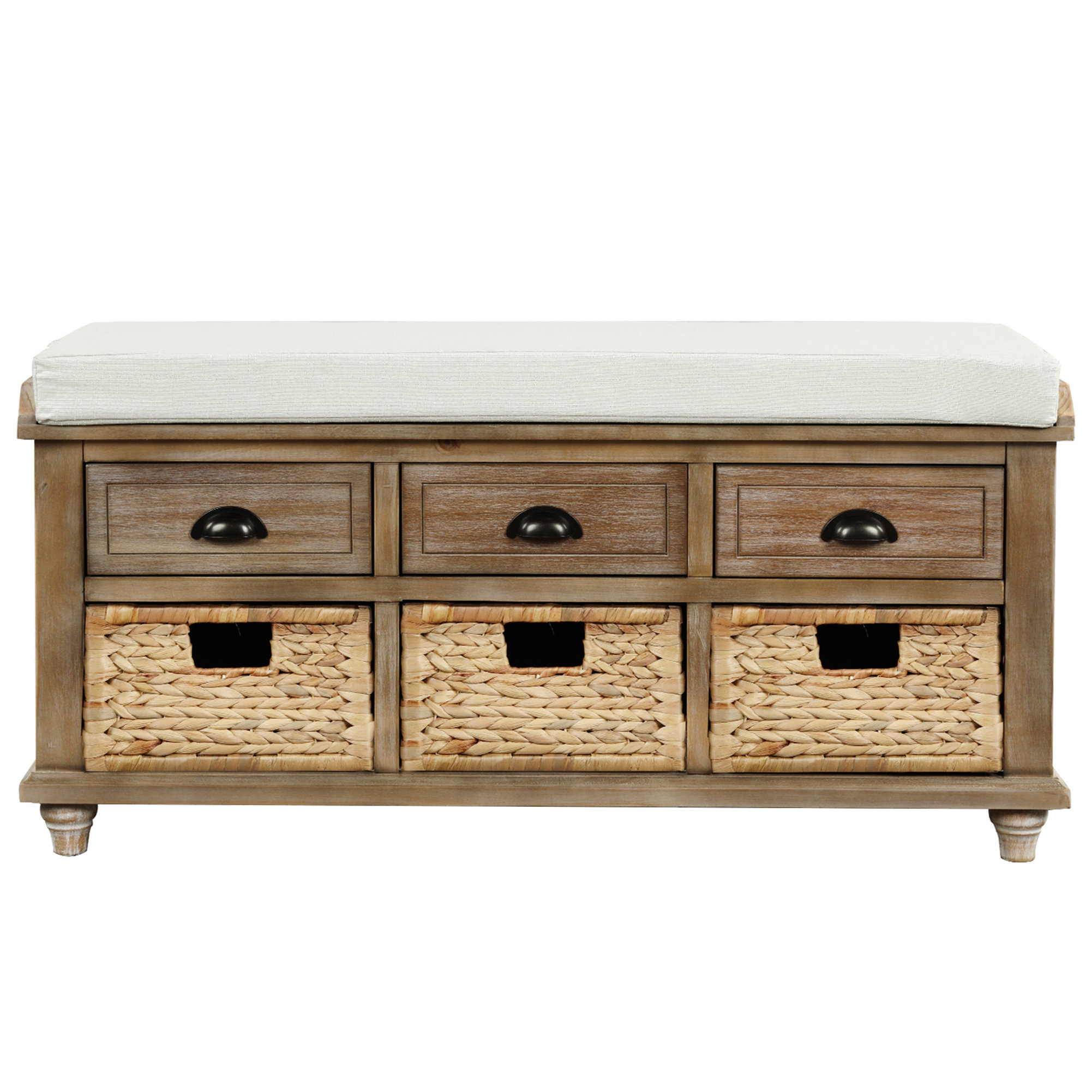 Winston Porter Chalone Rustic Storage Bench with 3 Drawers and 3 Rattan ...