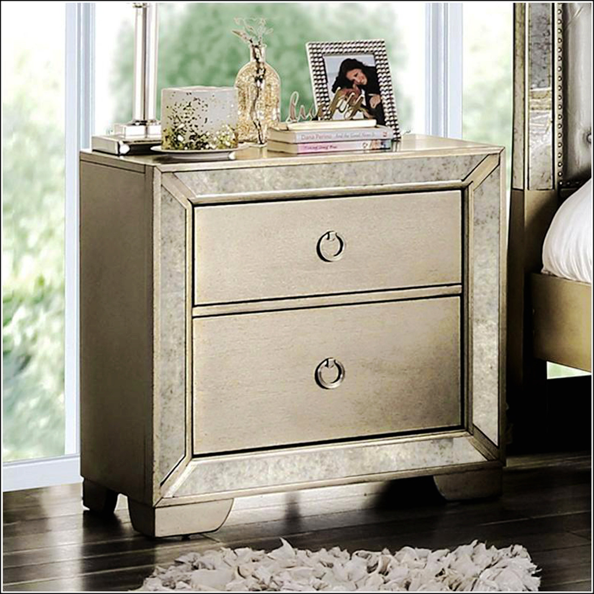 Everly Quinn Glam Champagne Grey Finish 1Pc Nightstand Antique Mirror ...