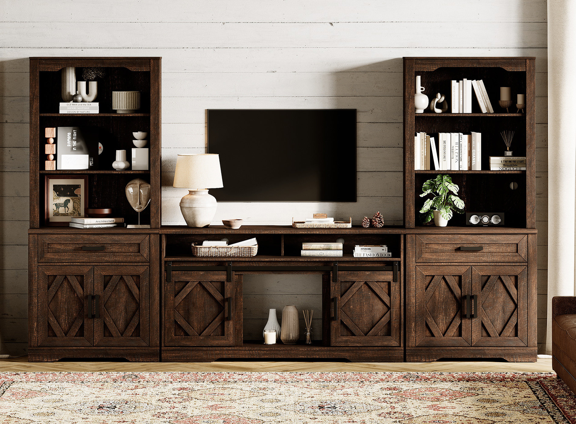 One Allium Way® Rustic Chic TV Stand - Triple Cabinet Center (2 Sliding ...