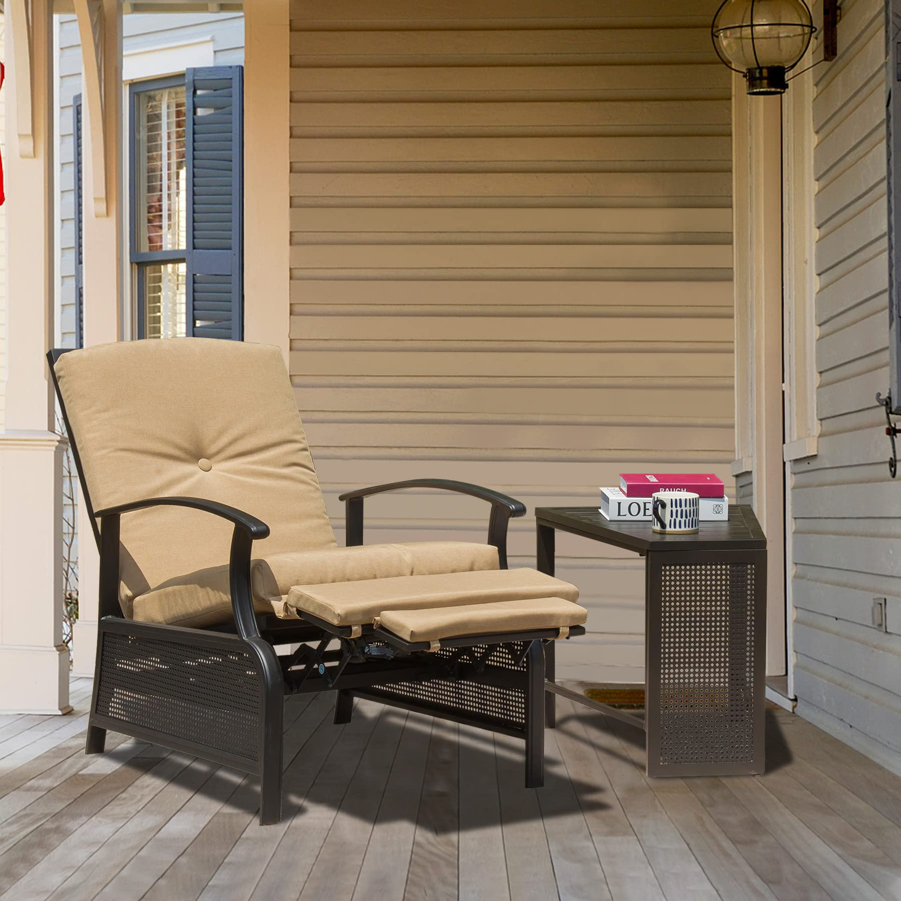 Winston Porter Dykas Reclining Patio Chair with Cushions and Side Table ...