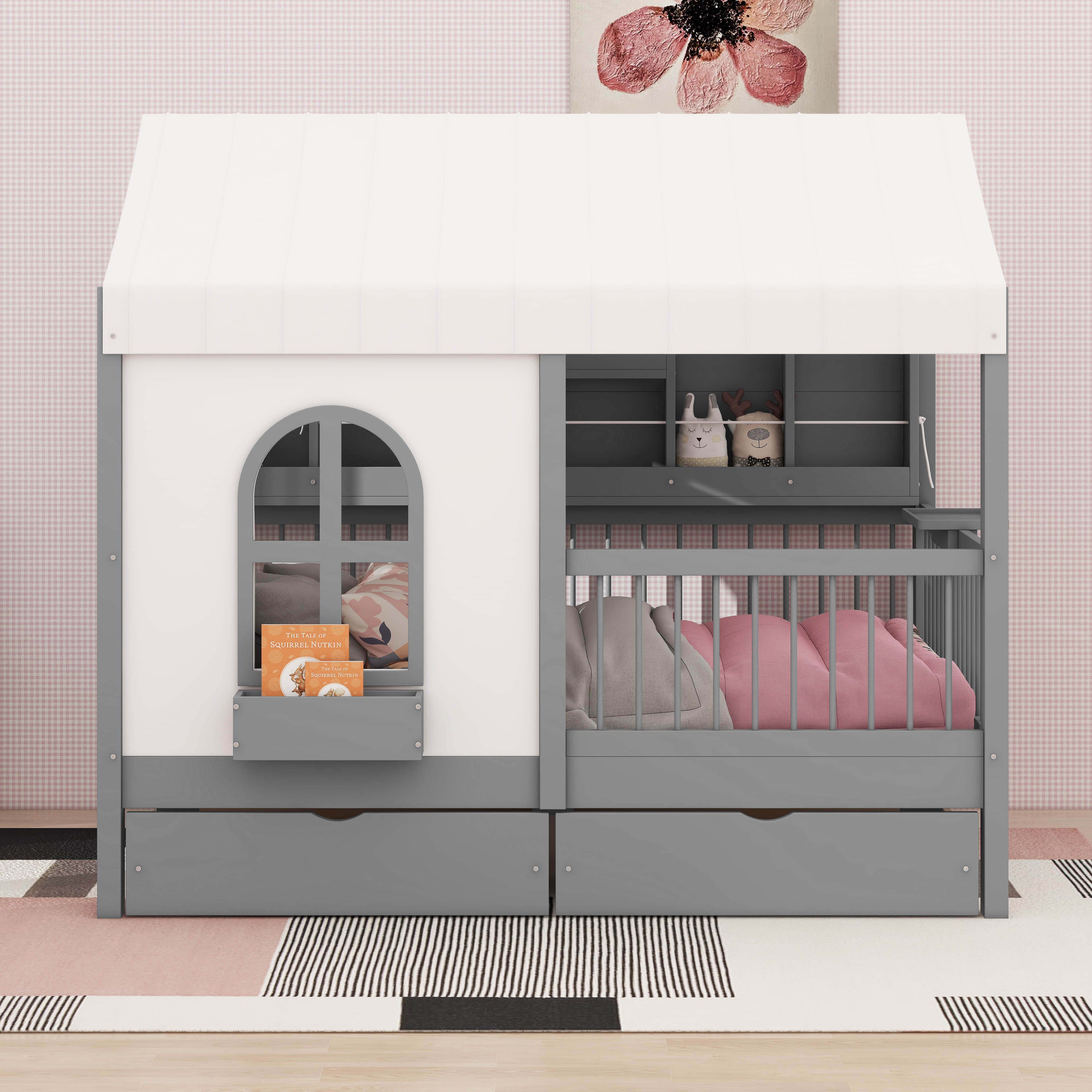 August Grove® Full Size Wood Canopy House Bed With Ultra-High Fence ...