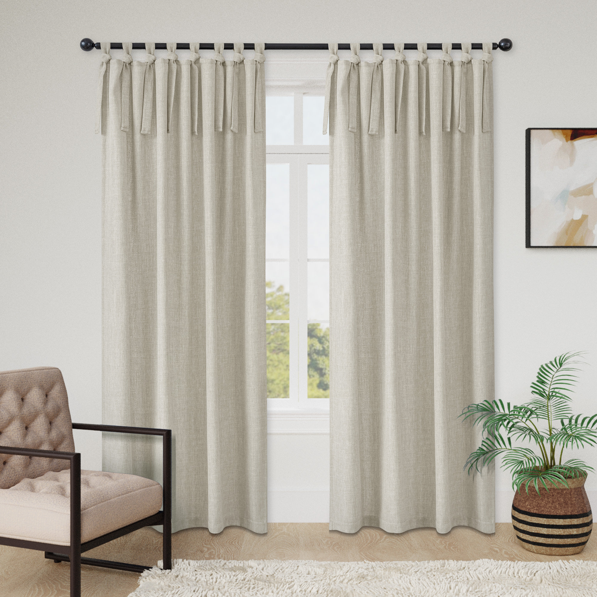 Latitude Run® Linen Texture Tie Top Light Filtering Curtain Pair(2 ...