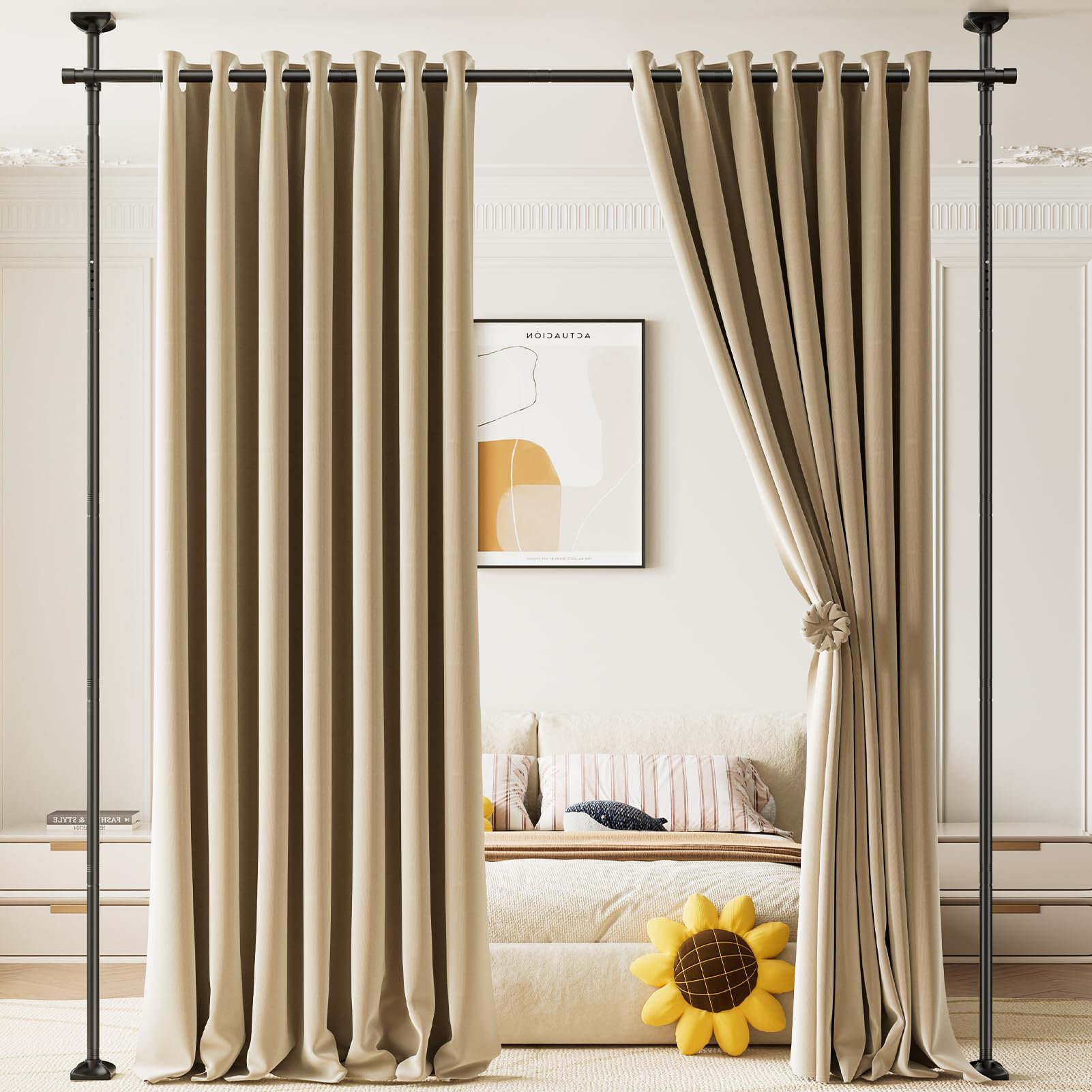 Ebern Designs Room Divider Curtain Rod, No Drilling Tension Rod For ...