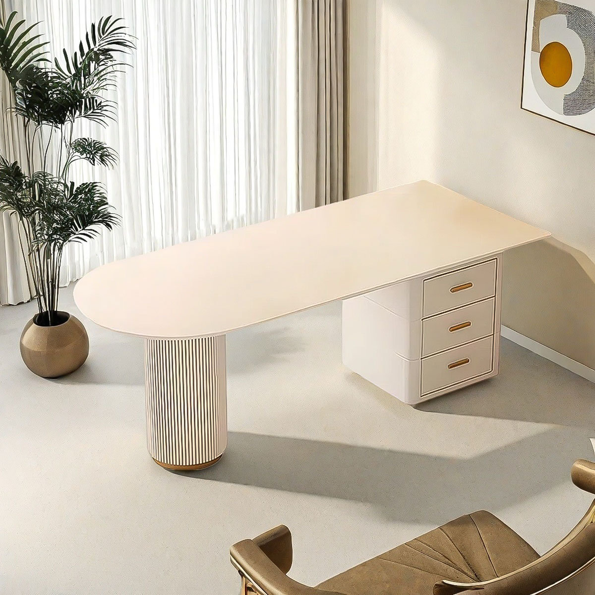 Hokku Designs Modern Minimalist Sintered Stone Office Desk with Three ...