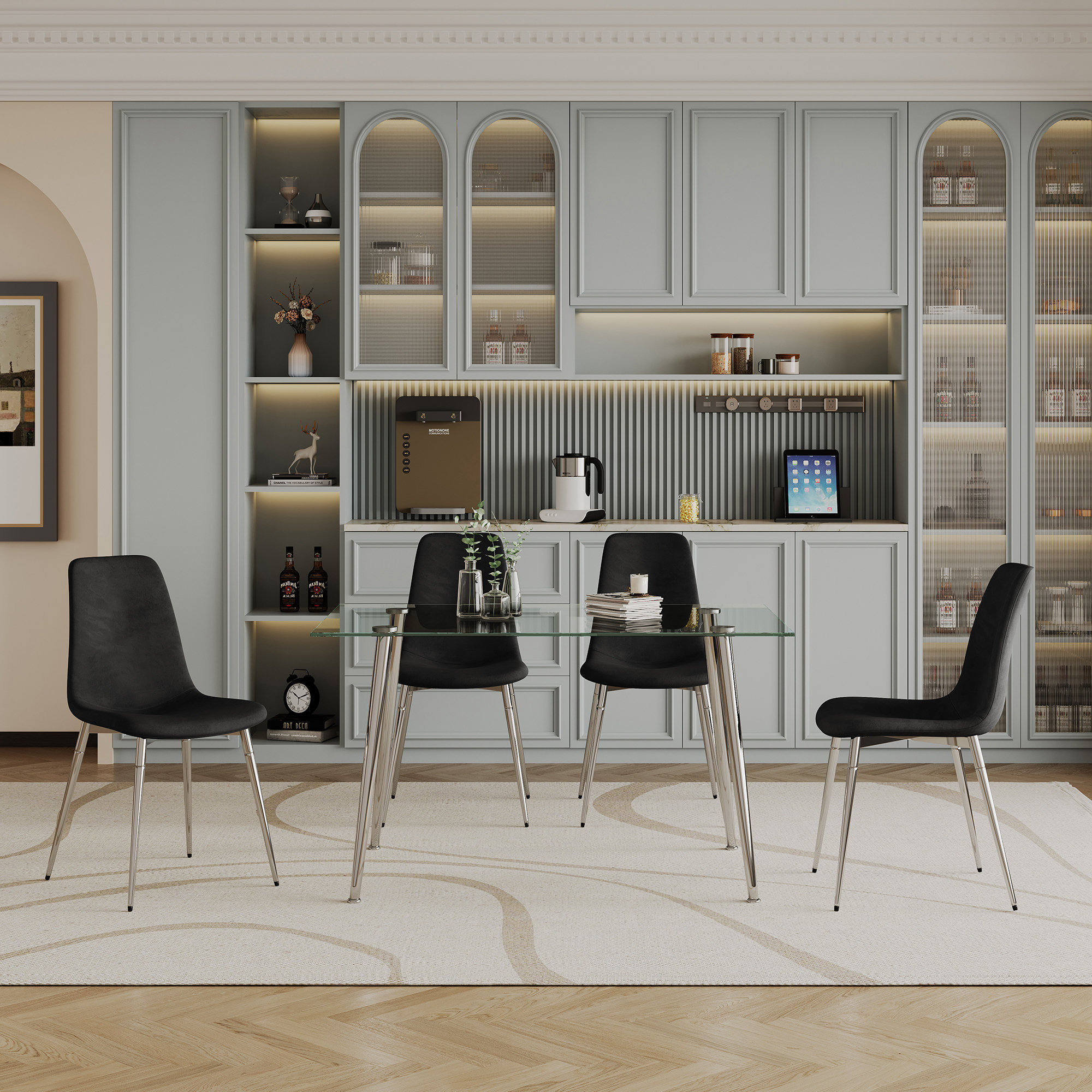 George Oliver Modern 5-piece dining set: 51.18" glass top table, metal ...