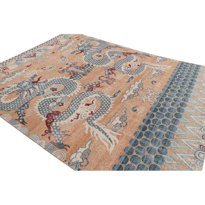 Rug & Kilim’S Distressed Dragon Rug In Blue, Gold And Red Pictorial ...