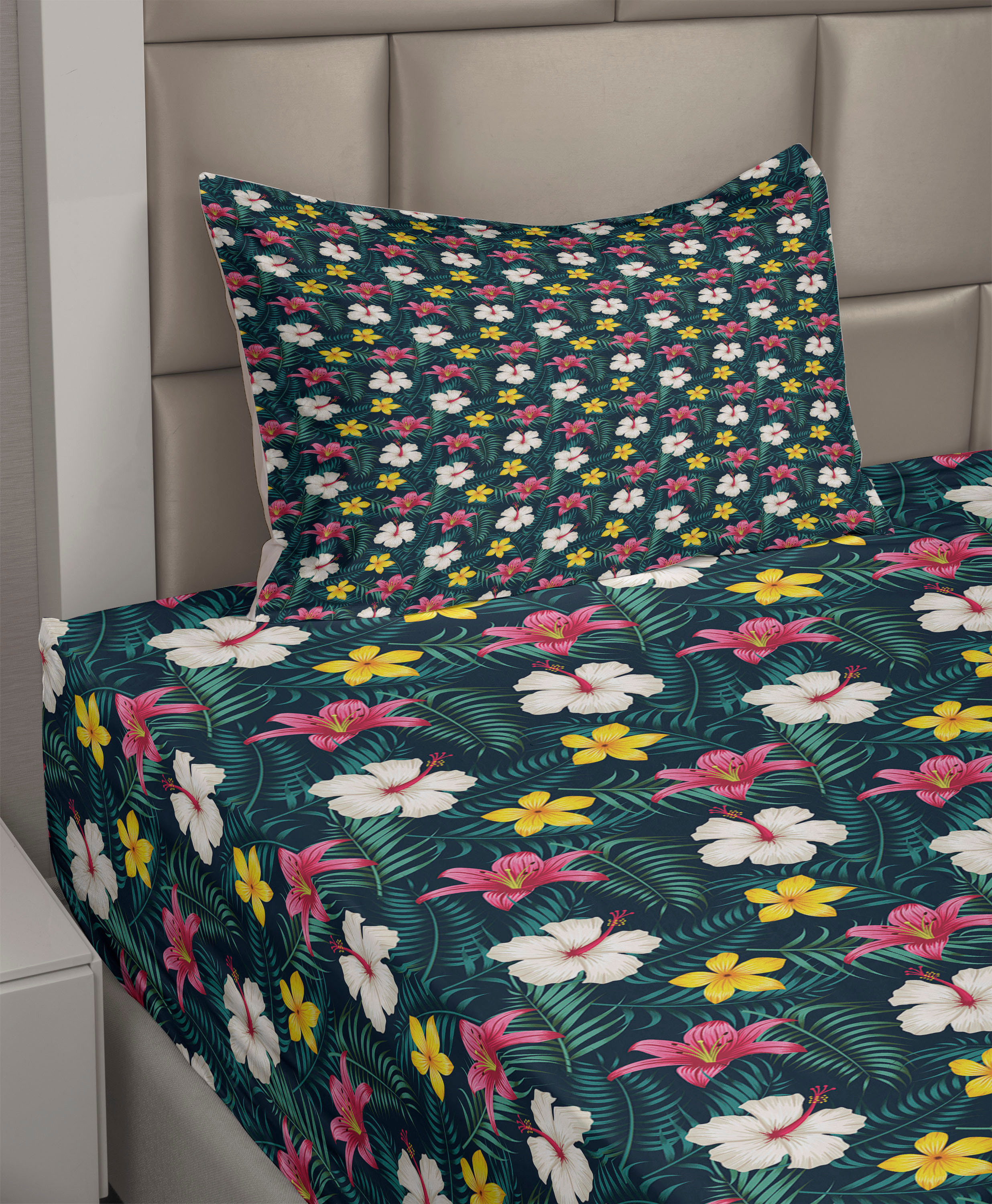 Ambesonne Tropical Sheet Set Hibiscus Plumeria Palm Art Earth Yellow ...