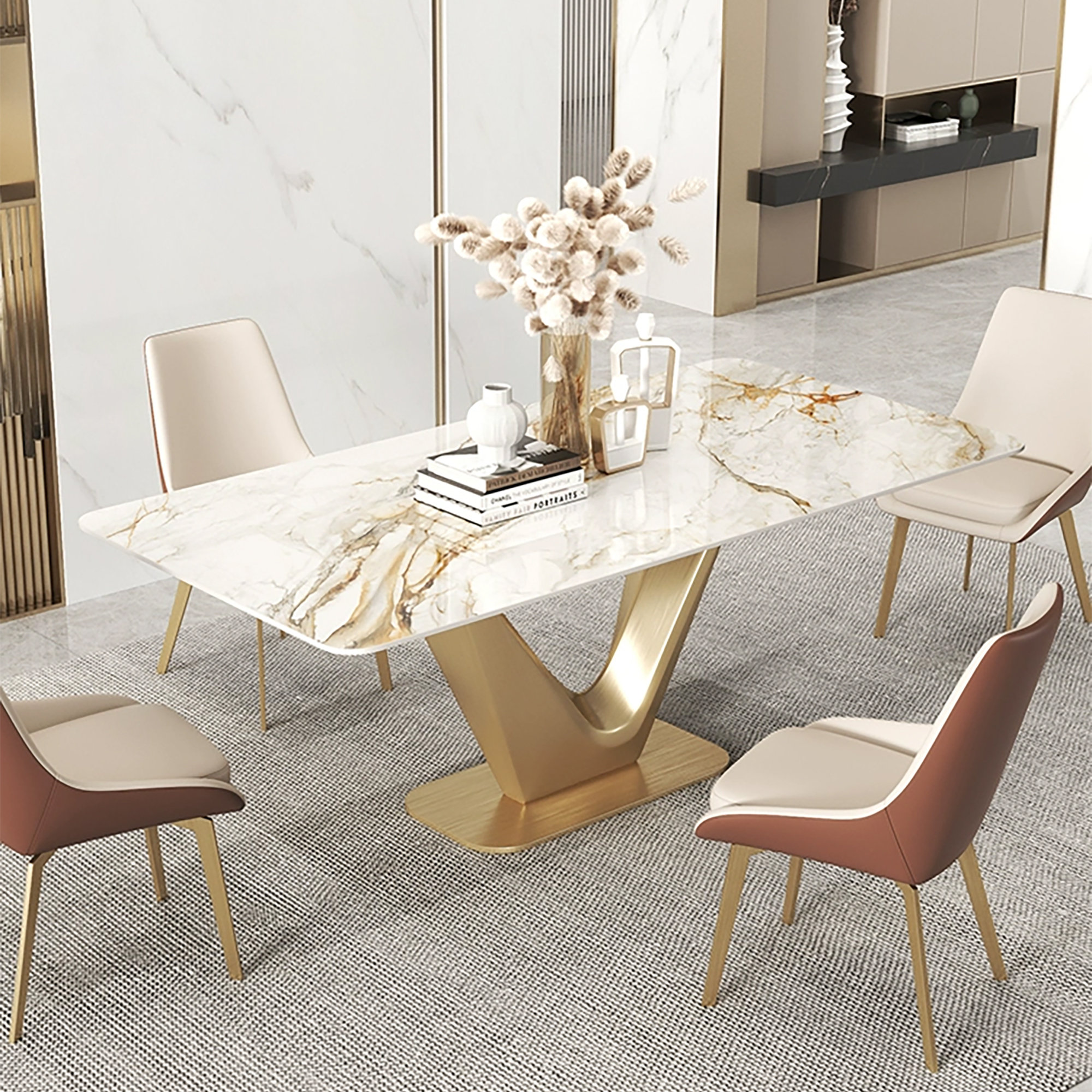 Everly Quinn Kwamaine 71" Modern Dining table with Gold legs, Sintered ...