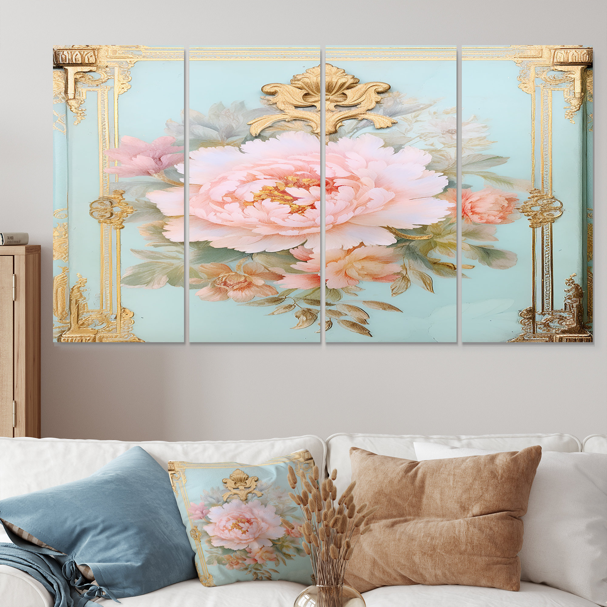 Design Art Pastel Pink Vintage Gold Collage - Peony Wall Art Decor 4 ...