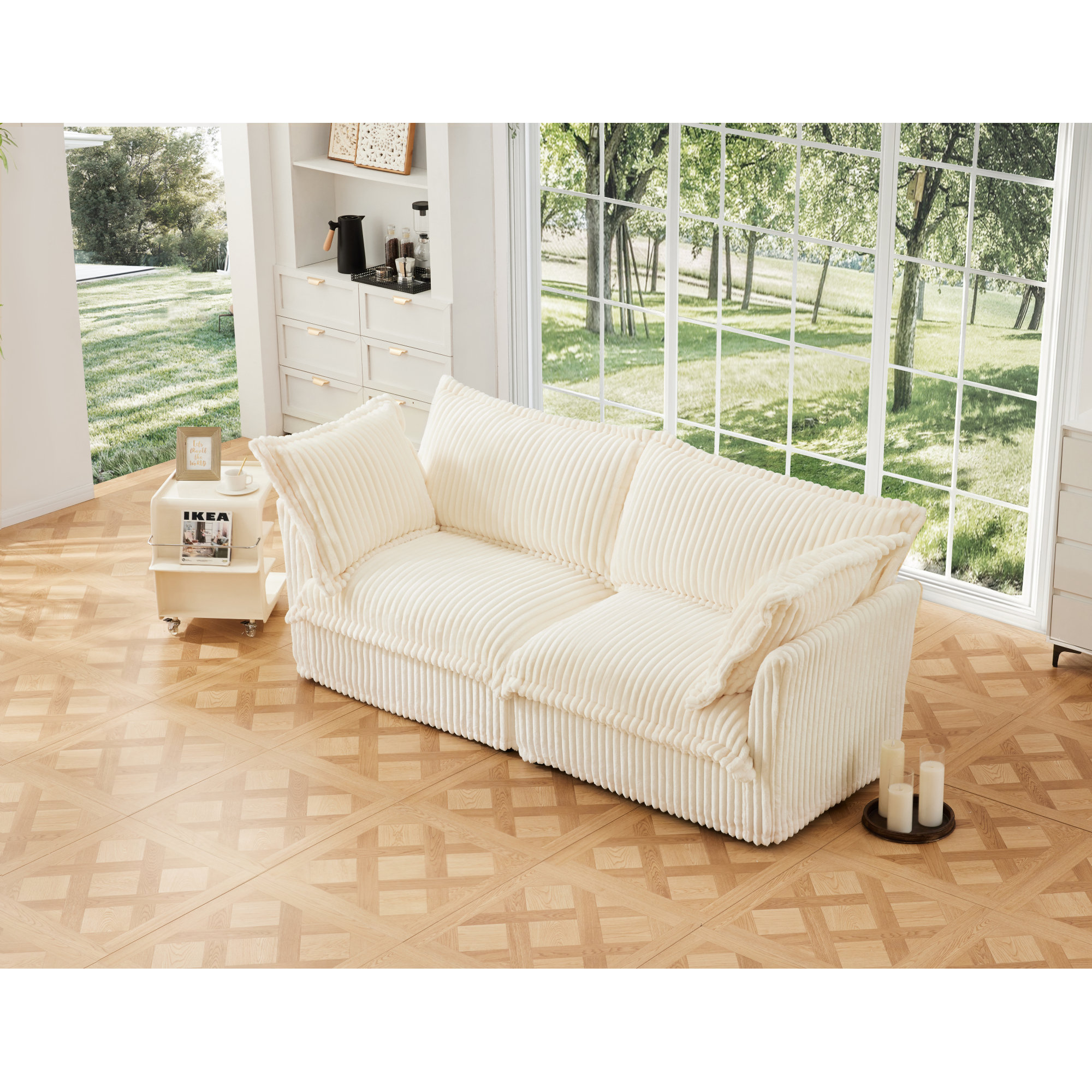 Latitude Run® Modern Slipcovered 2-seat Sofa In Cream Corduroy, Deep Seat Couch With Upholstered ...