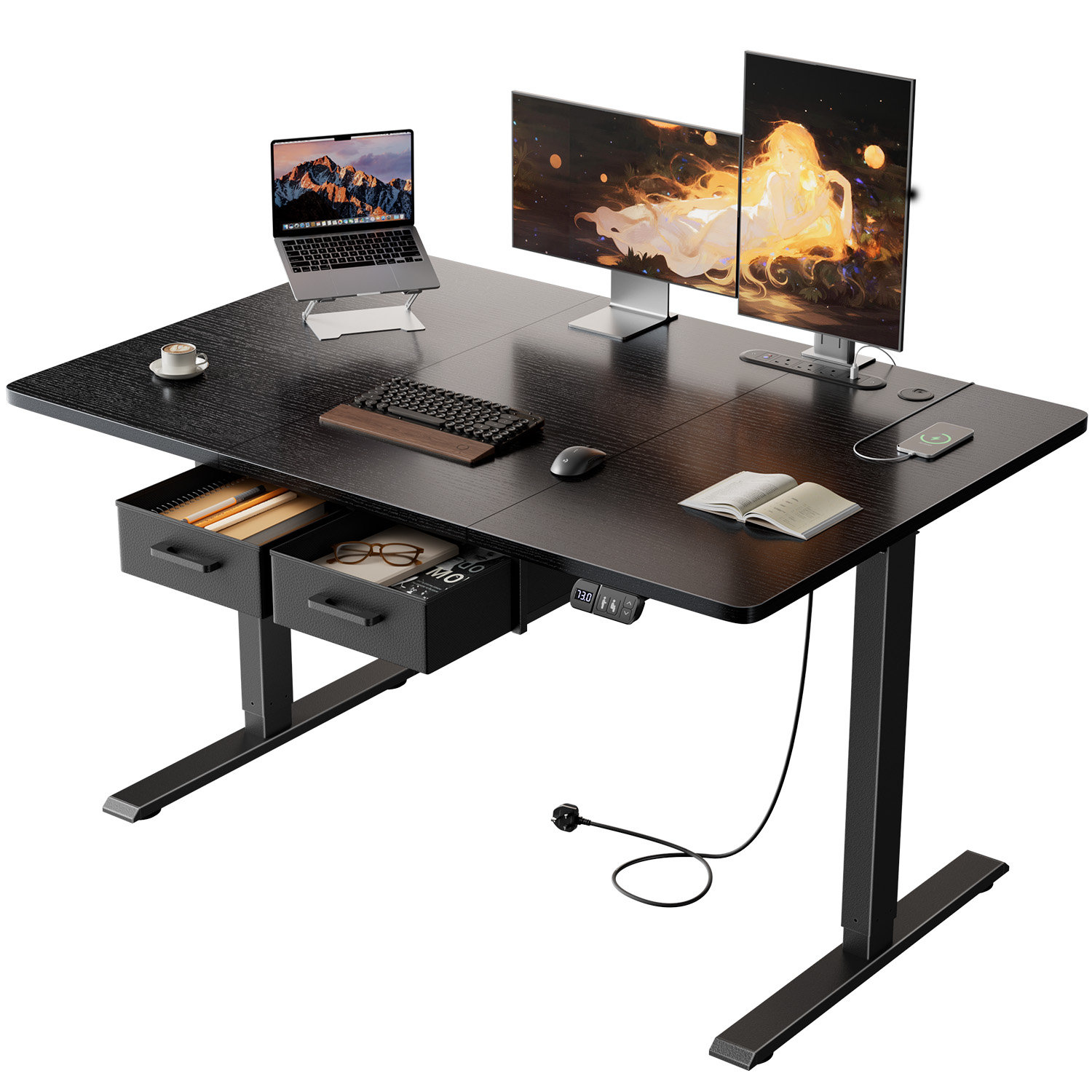 Ebern Designs Electric Standing Desk with Built-in Outlet & Storage ...