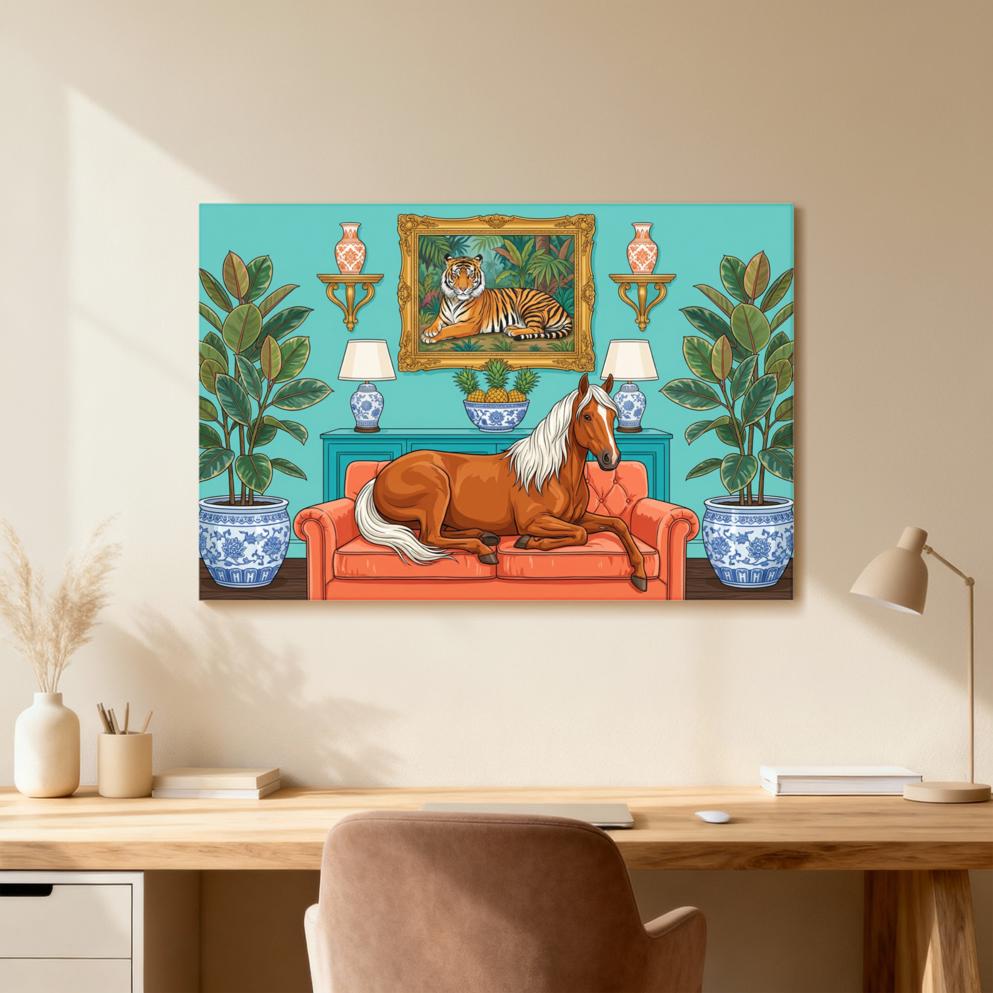 House of Hampton® Animals Horse On Couch With Tiger Painting | Wayfair