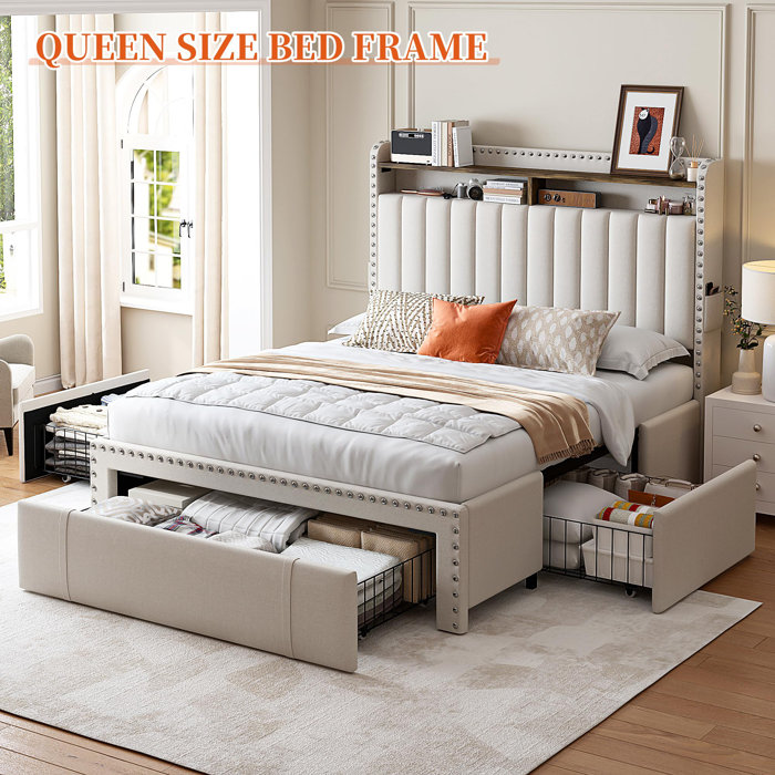 House of Hampton® Queen Bed Frame with 3 Storage Drawers Upholstered ...