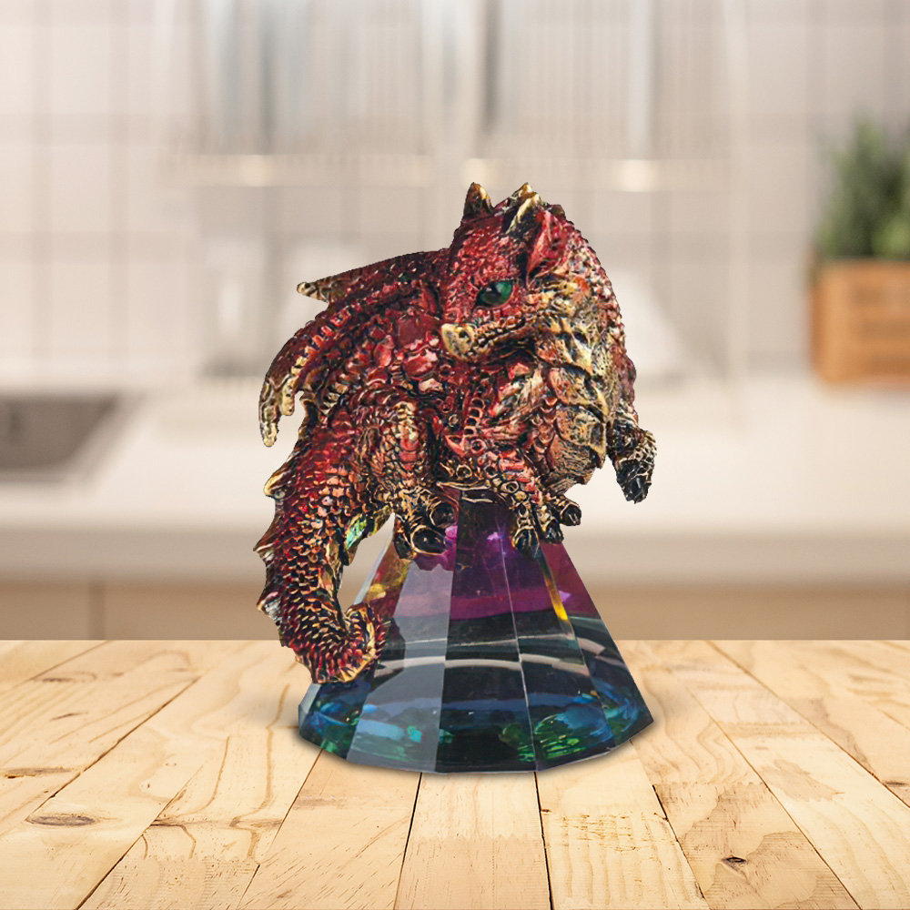 Trinx 3.5"H Red Volcano Dragon Standing on Pyramid Glass Figurine | Wayfair