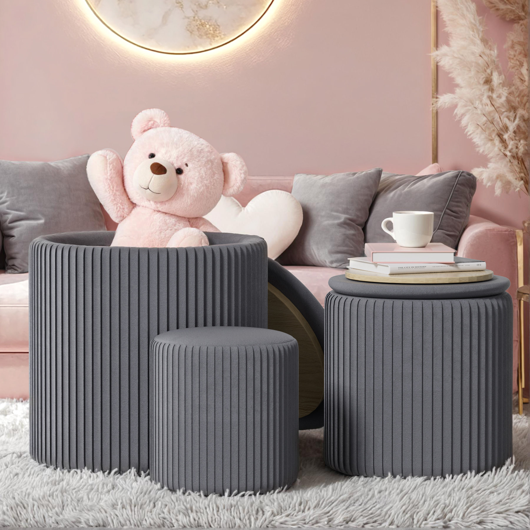 Ebern Designs Ottoman With Storage, Velvet Round Storage Ottoman Set Of ...